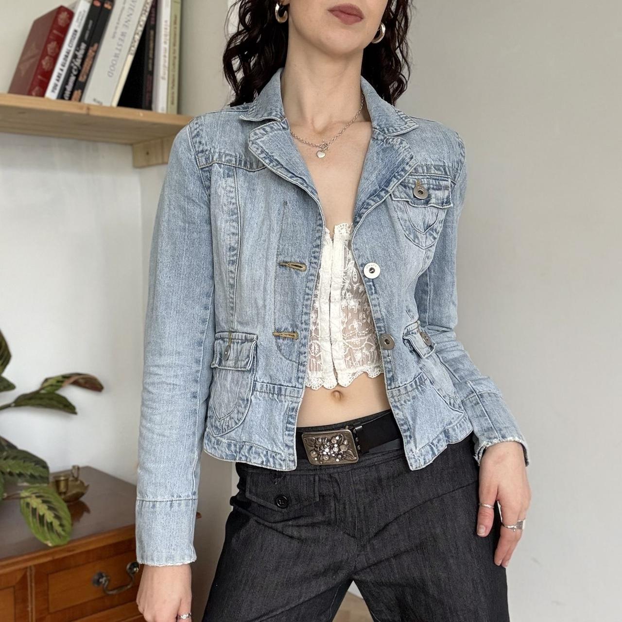 Vintage 90s light blue wash denim jacket with silver... | Depop