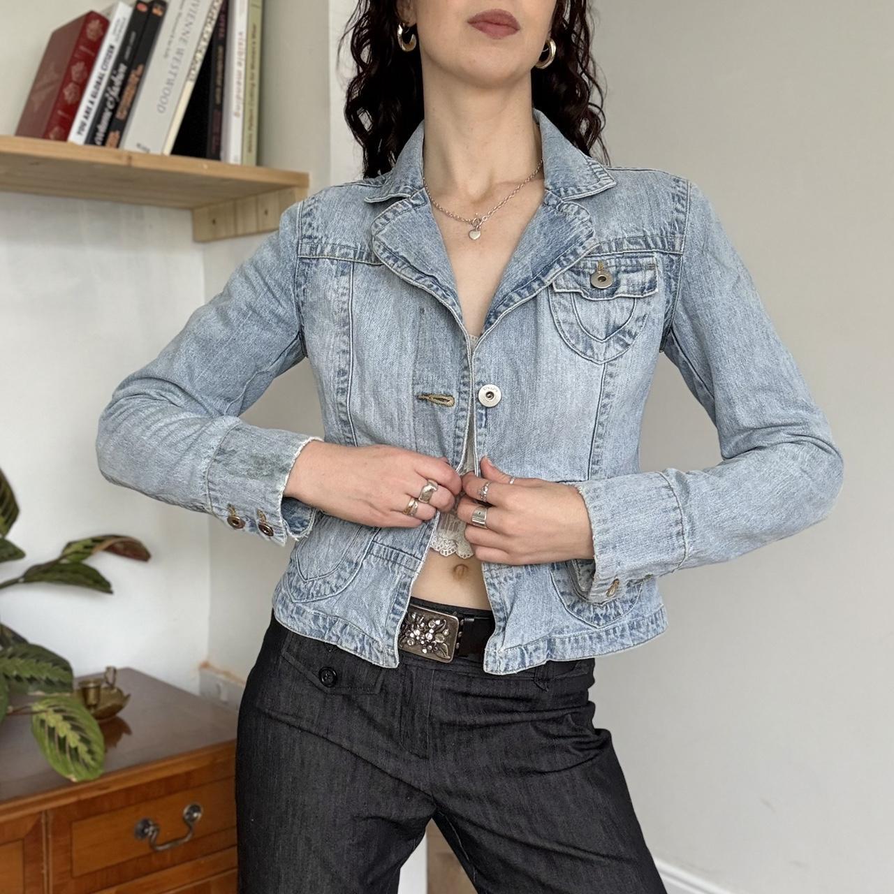 Vintage 90s light blue wash denim jacket with silver... | Depop