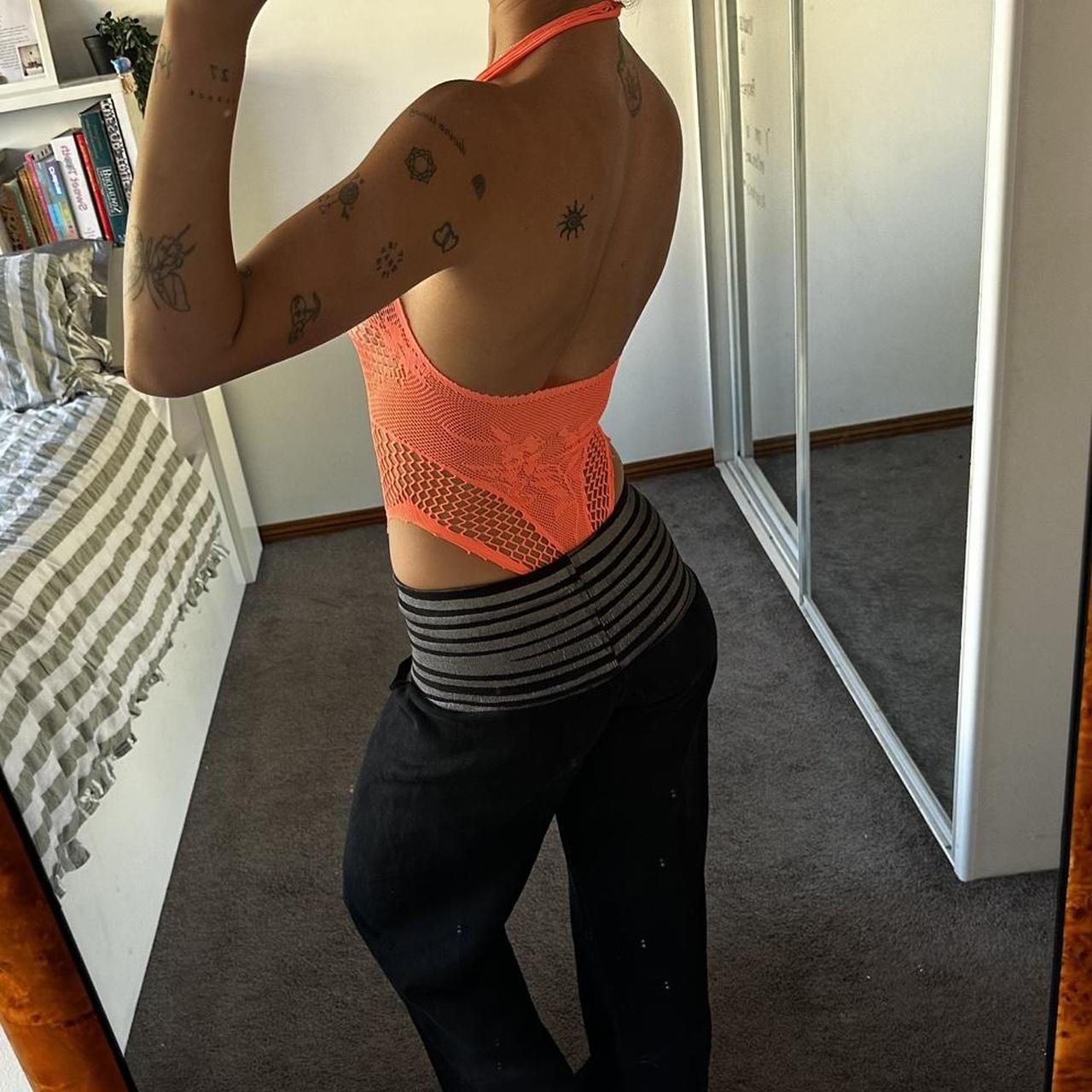 fluro orange fishnet mesh bodysuit stocking... | Depop