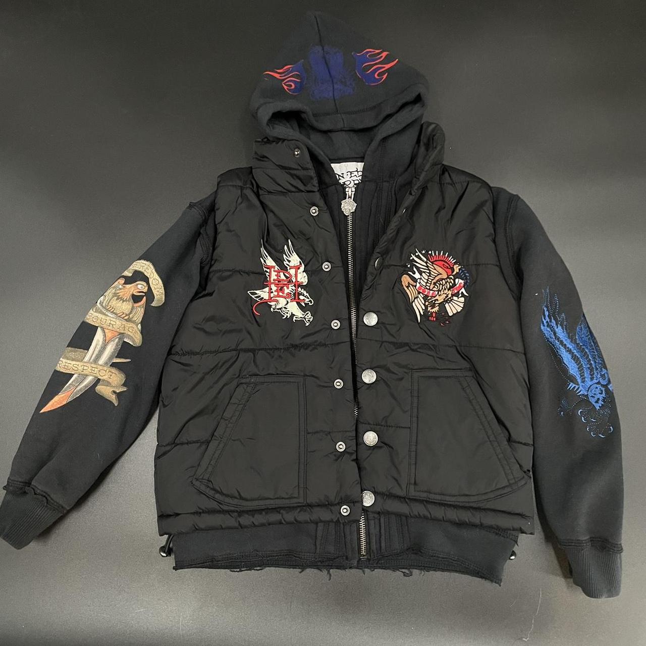 Vintage Ed Hardy embroidered puffer jacket Size... | Depop