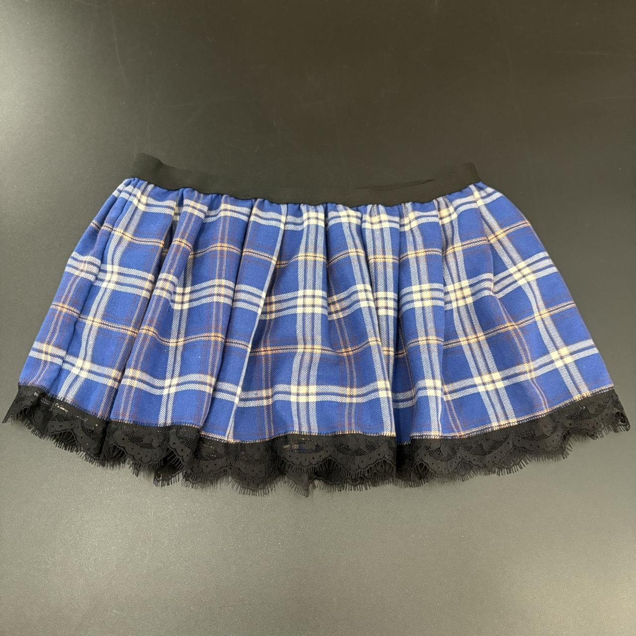 Blue plaid micro mini skirt with lace trim 14 in... | Depop