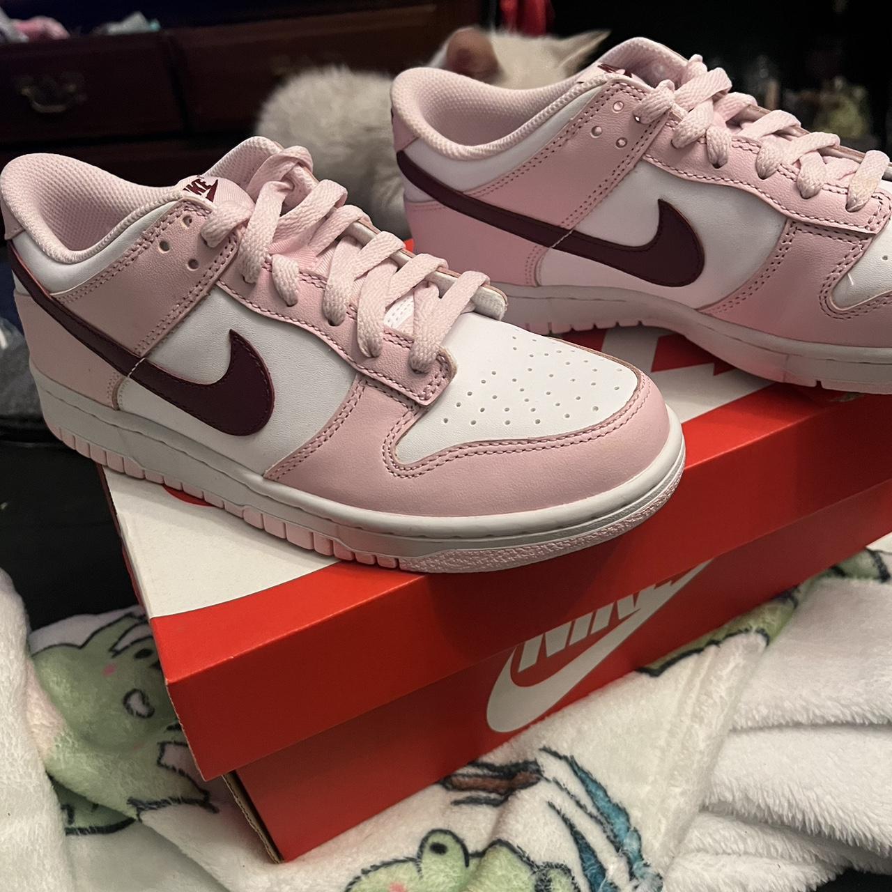 nike low dunks pink foam/ dark beetroot-white size... - Depop