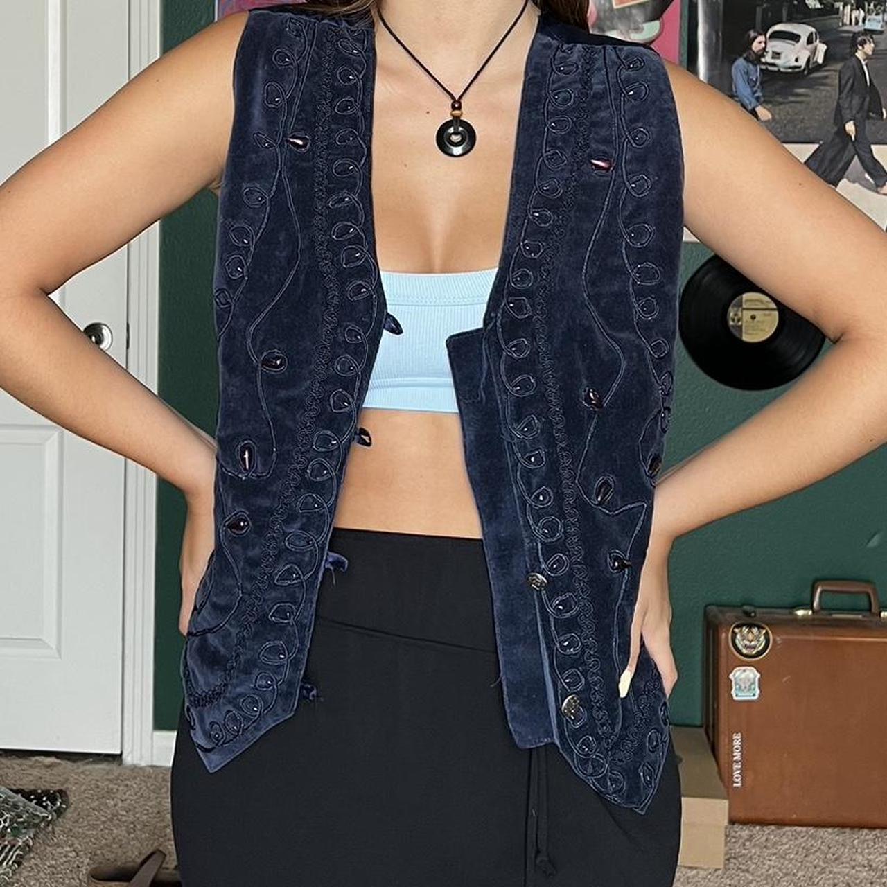Dark blue sided vest with beading size large feel... - Depop