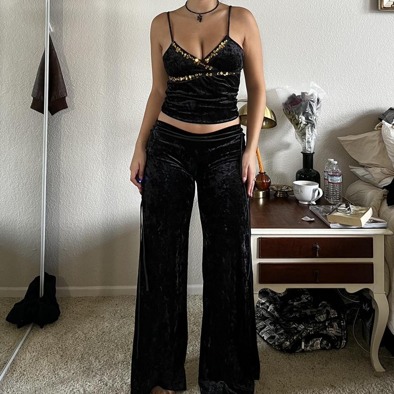 Black velvet set top is a large but honestly fits... - Depop