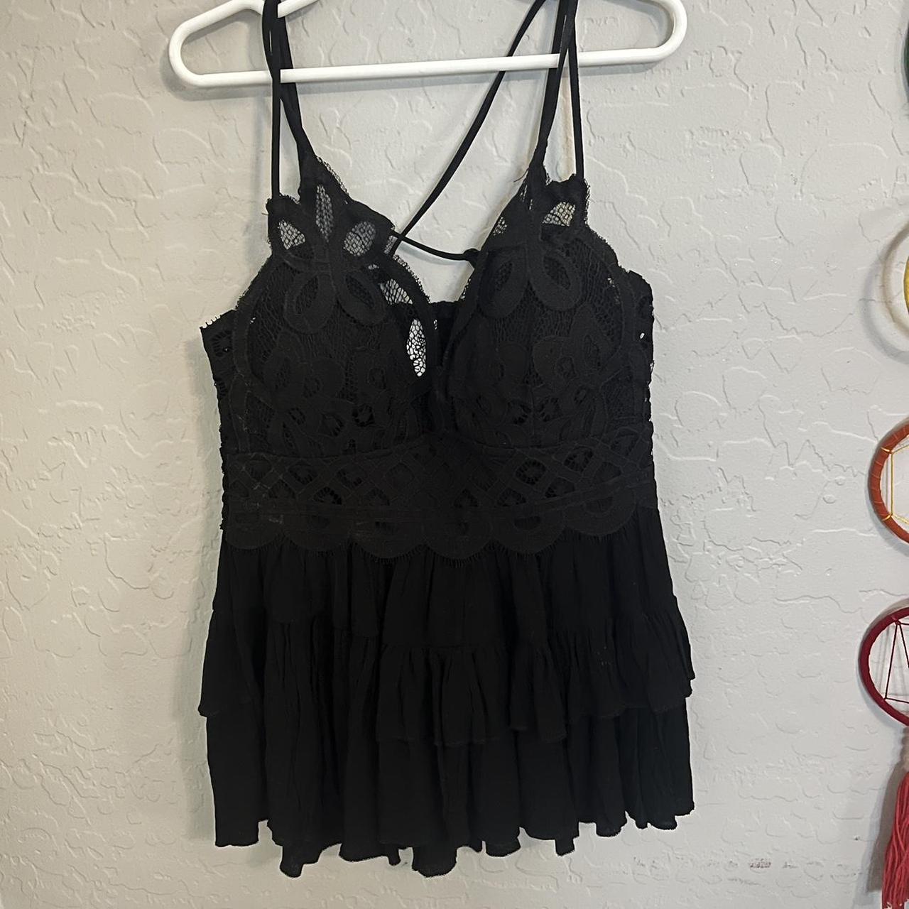Cute black lacy flowy tiered top with cute strappy... - Depop