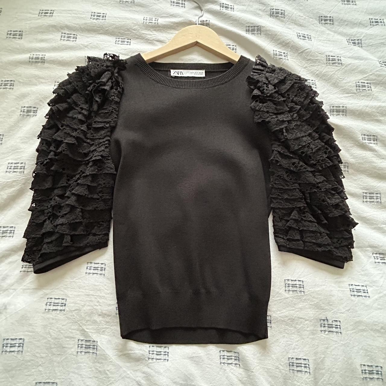 Zara knitted top with big ruffle statement sleeves... - Depop