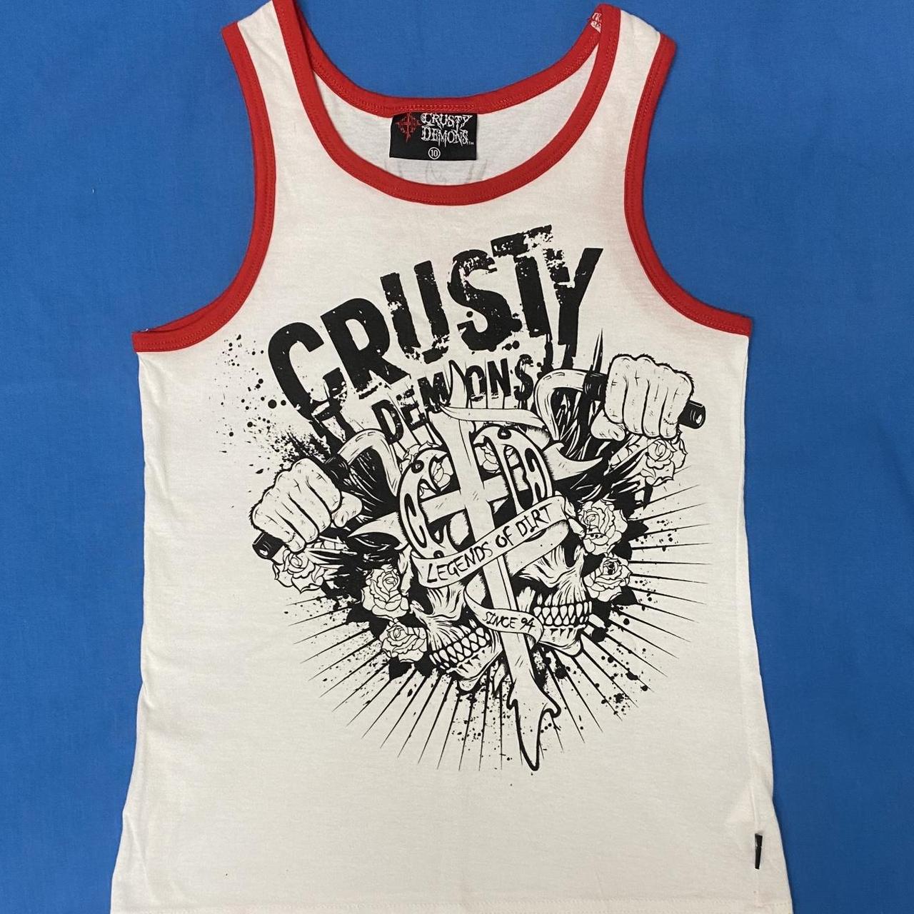 Crusty Demons white singlet with red piping Boys... | Depop