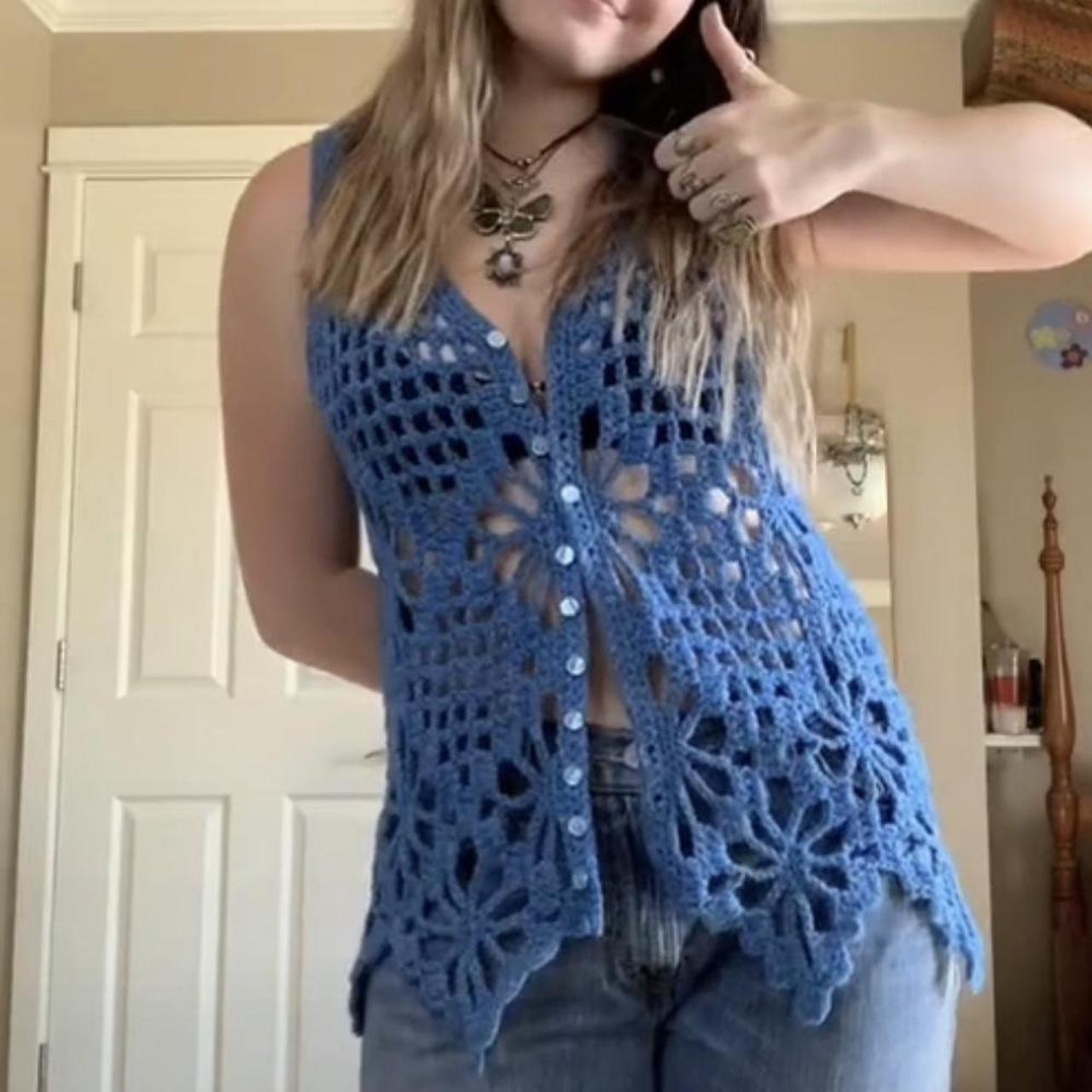Handmade floral blue button up vest - Depop