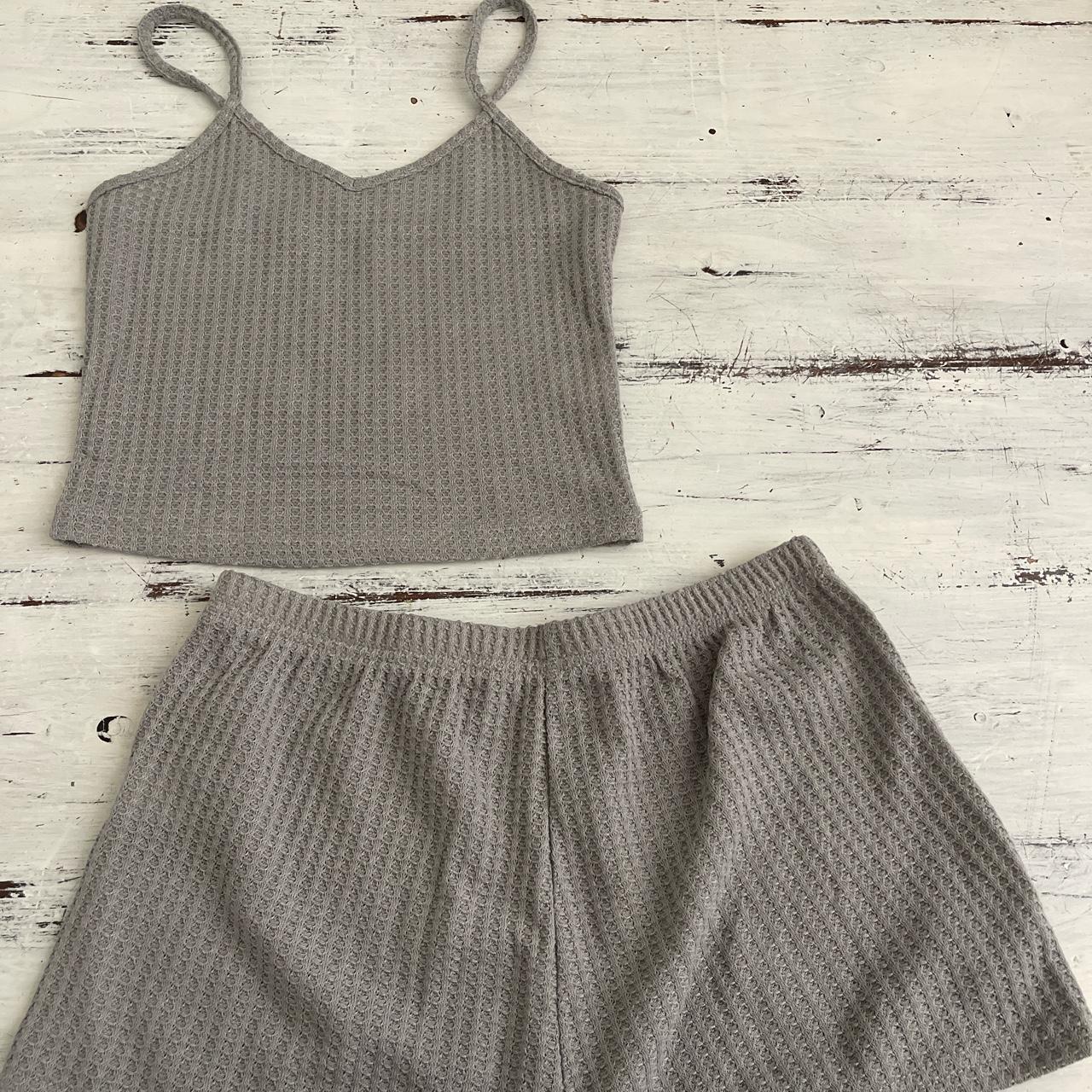 grey waffle pajama set #pjset #pajama #sleepwear - Depop