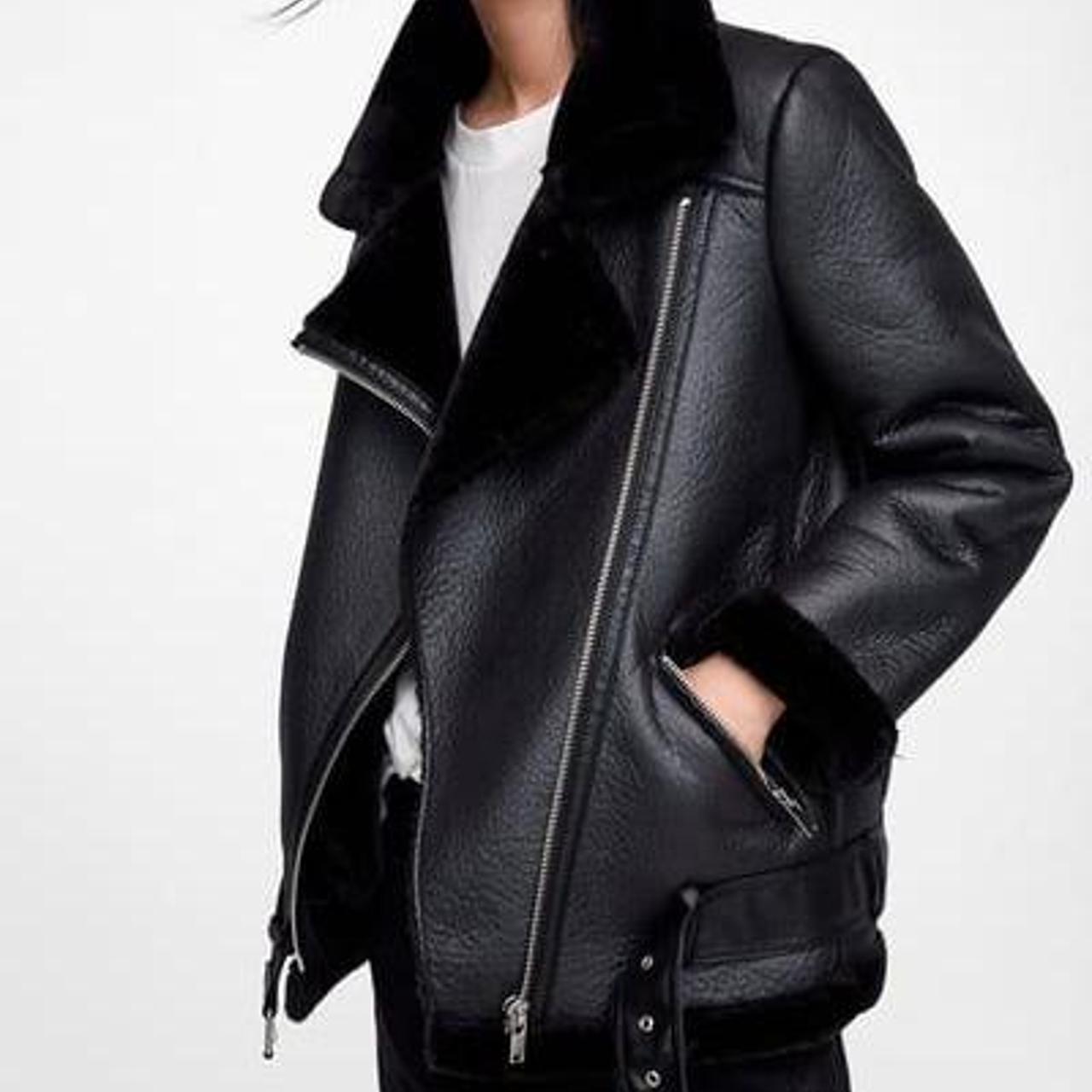ZARA black faux shearling leather aviator jacket /... - Depop