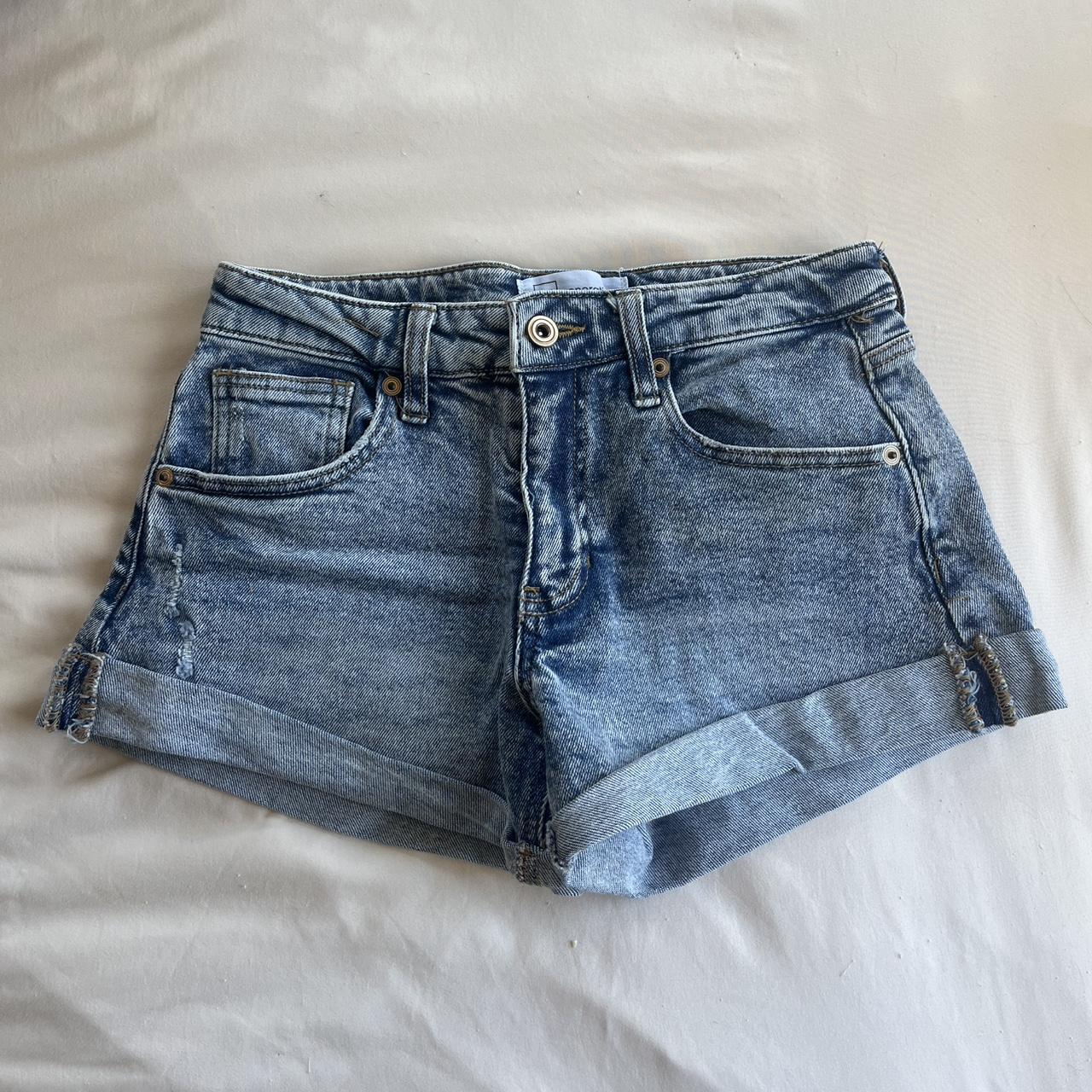 low rise/mid rise medium wash denim cuffed shorts | Depop