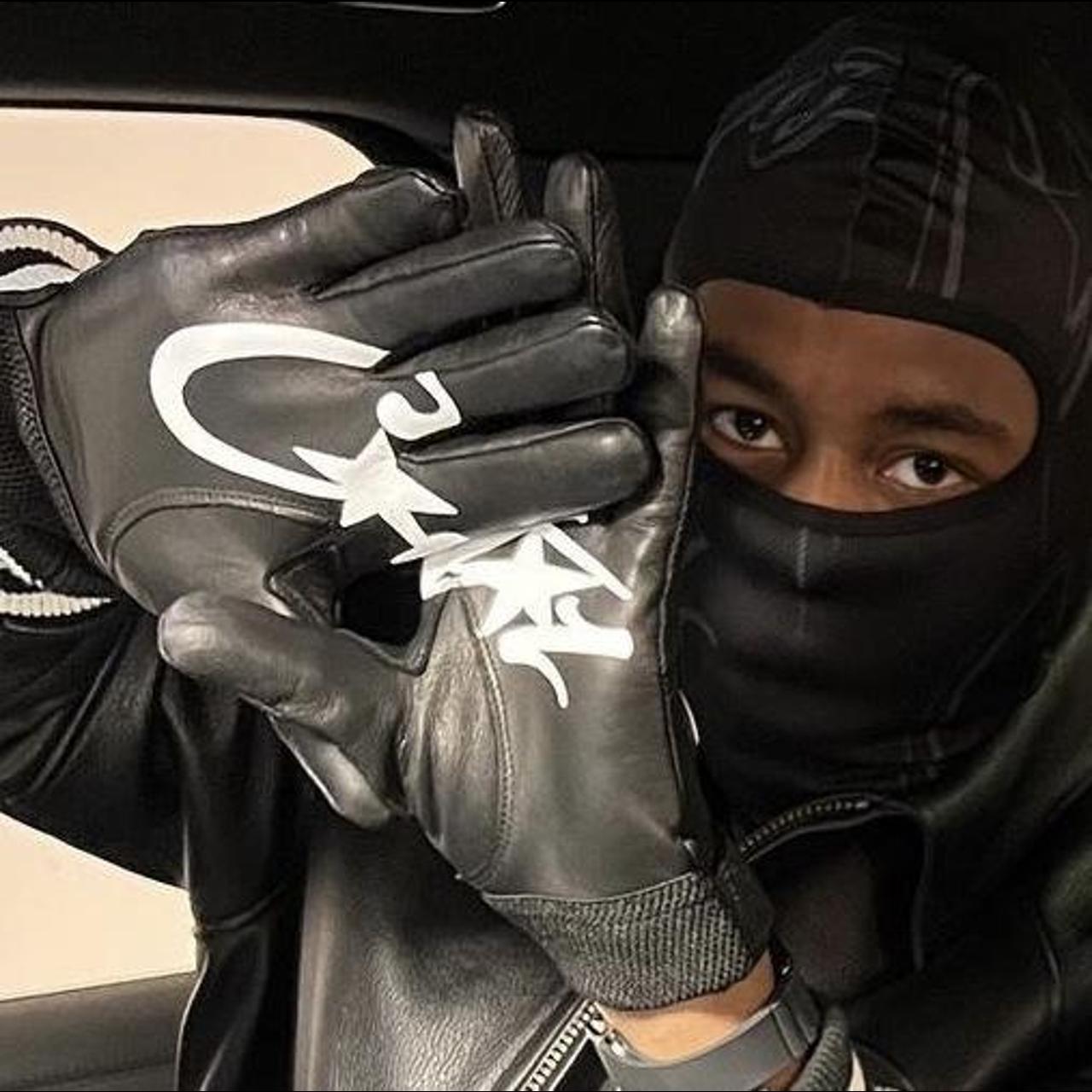 Black leather Corteiz gloves worn twice, with og... - Depop