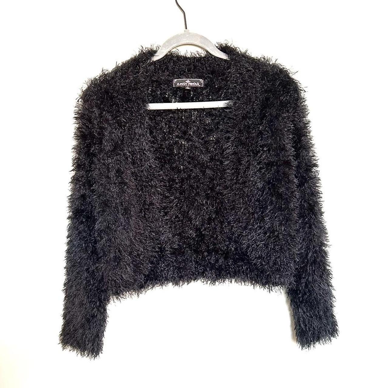 Cute black furry, fuzzy sweater cardigan - Depop
