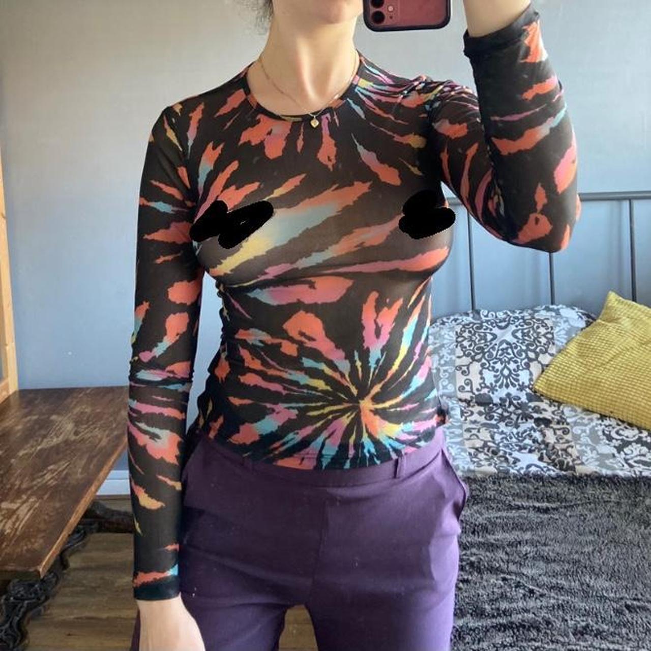 Semi sheer black mesh long sleeve w multicolour... | Depop