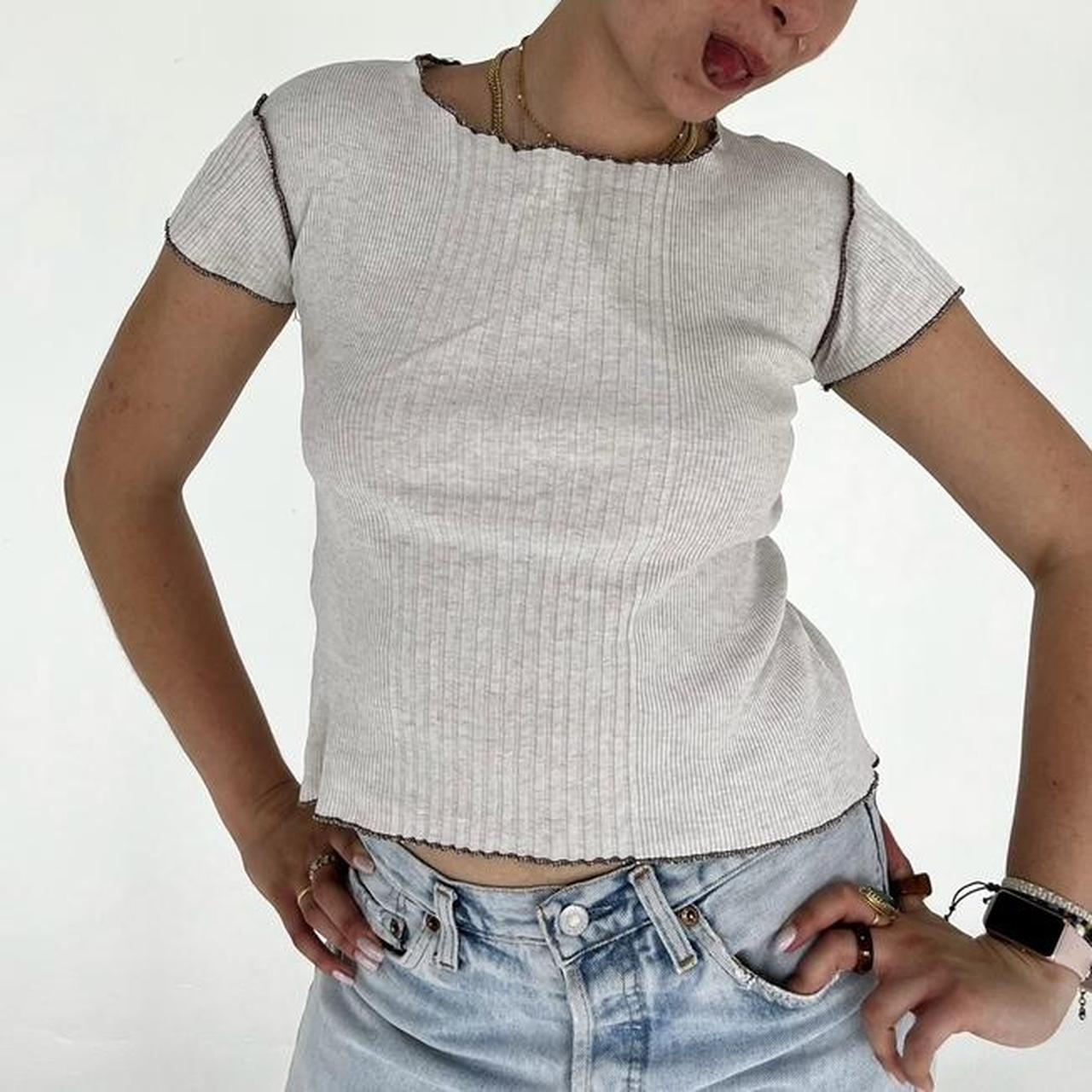 White ribbed tee w dark brown contrast stitching!... - Depop