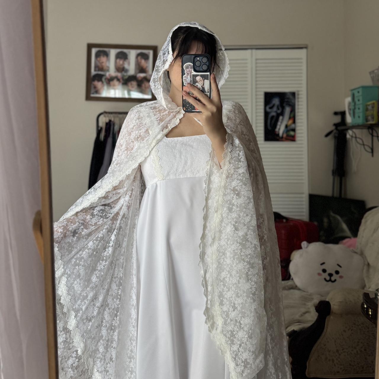 White regency lace maxi dress with a lace cape I... | Depop