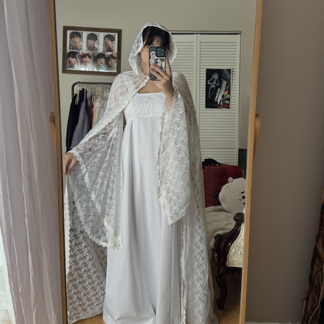 White regency lace maxi dress with a lace cape I... | Depop