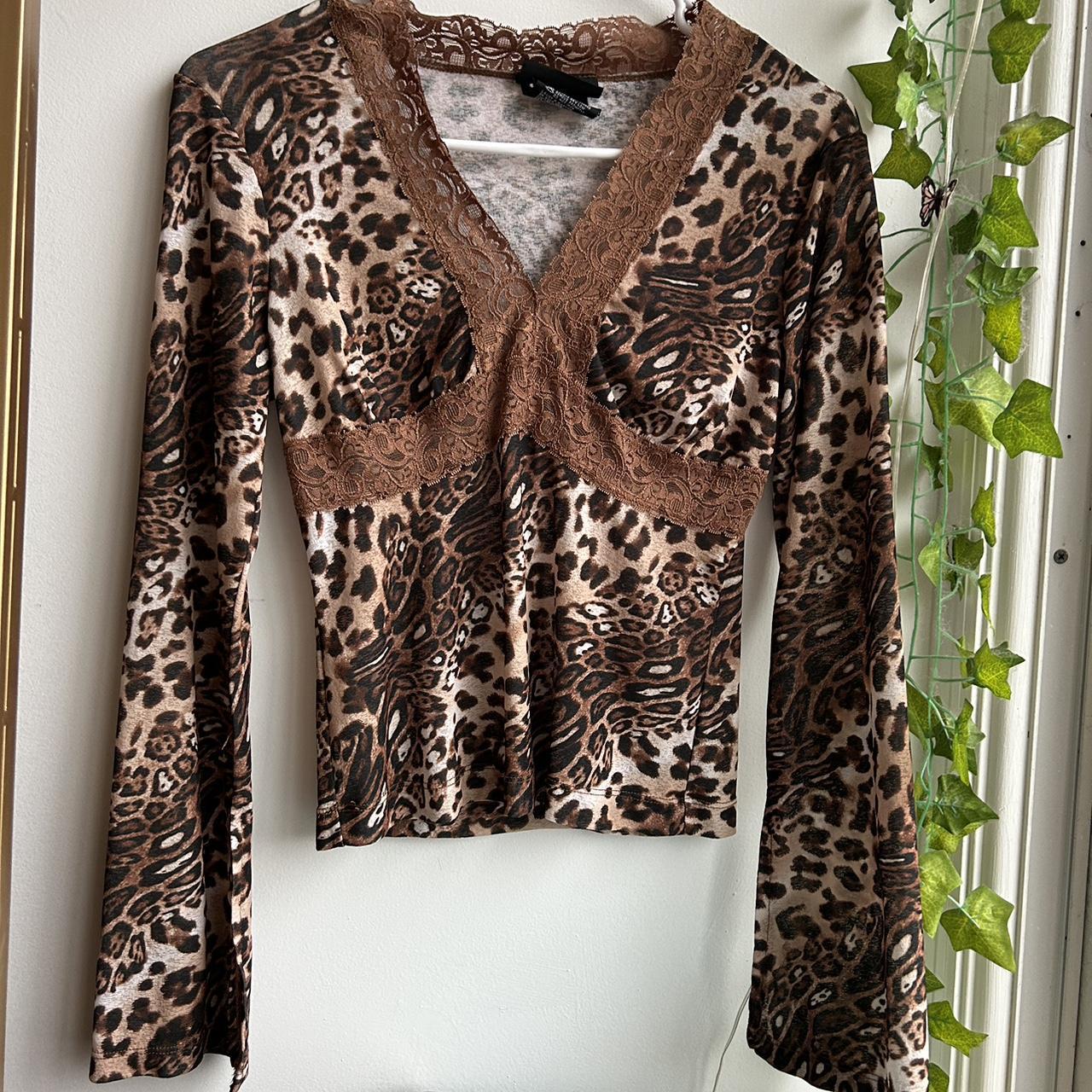 y2k leopard print flare sleeve top features adorable... | Depop