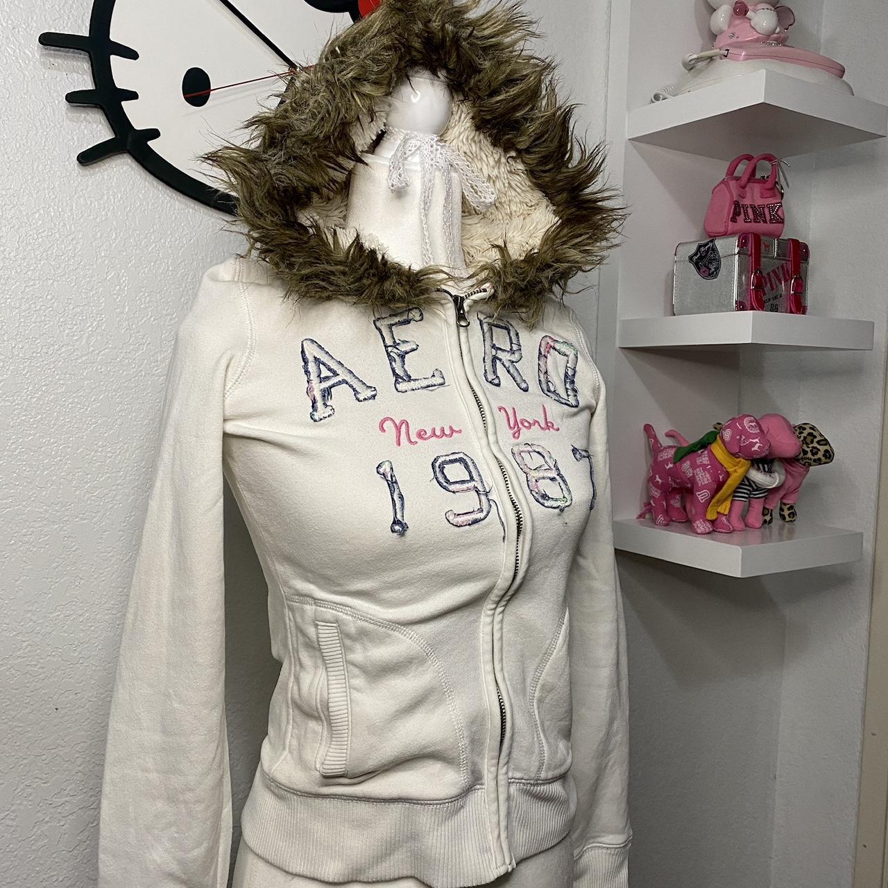 2011 White Aeropostale “1987 NY” Fur Jacket •... | Depop