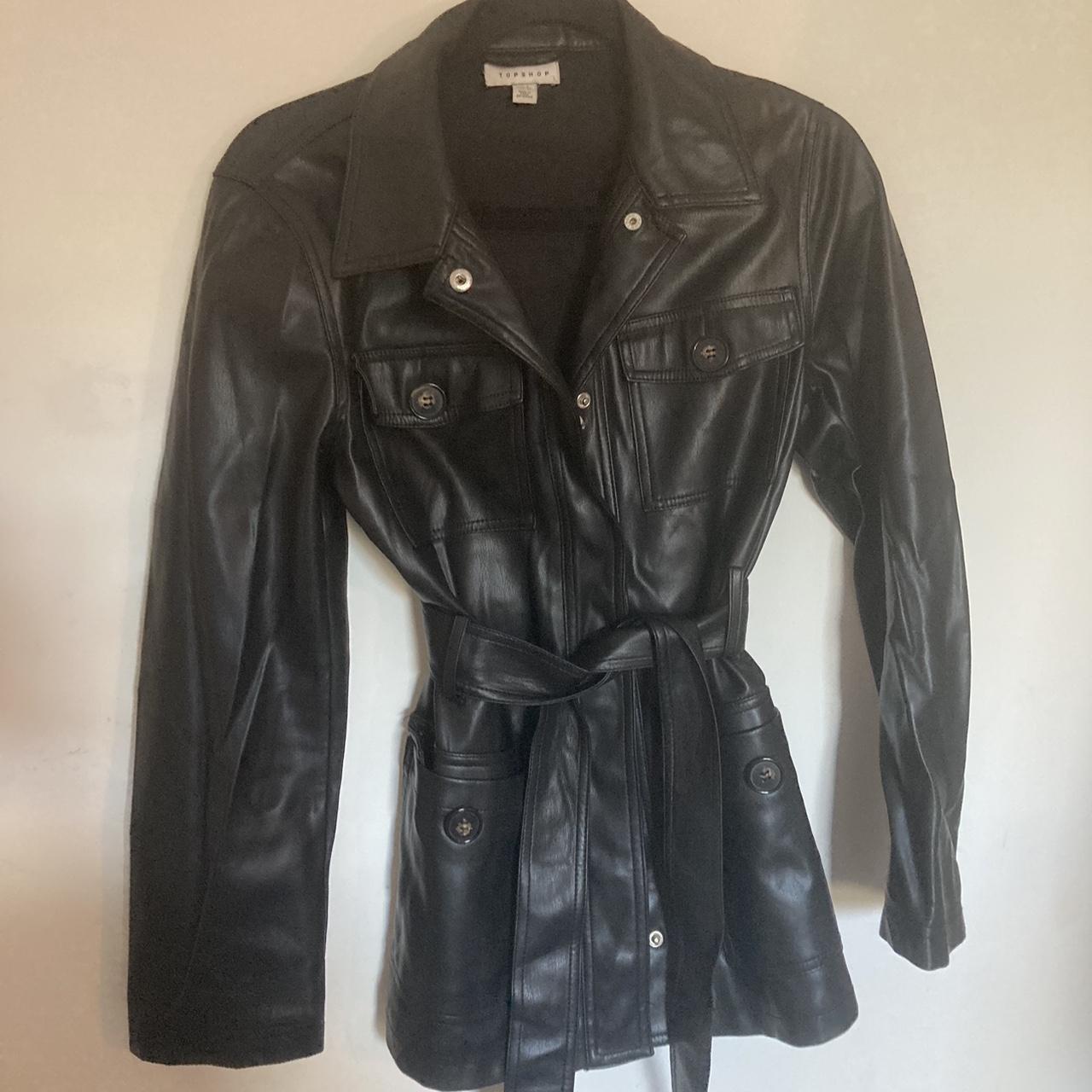 Black faux leather topshop jacket Size 8... - Depop