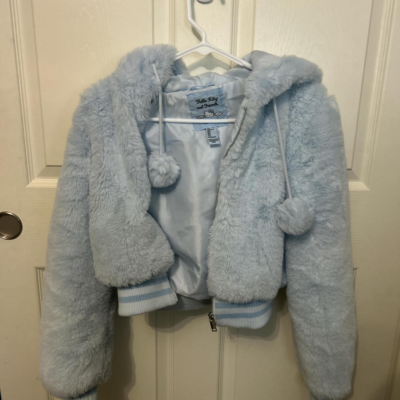 Baby blue fuzzy jacket with pompoms #fuzzyjacket... | Depop
