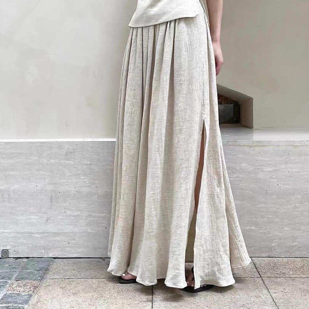Linen double front split maxi skirt • double front... - Depop