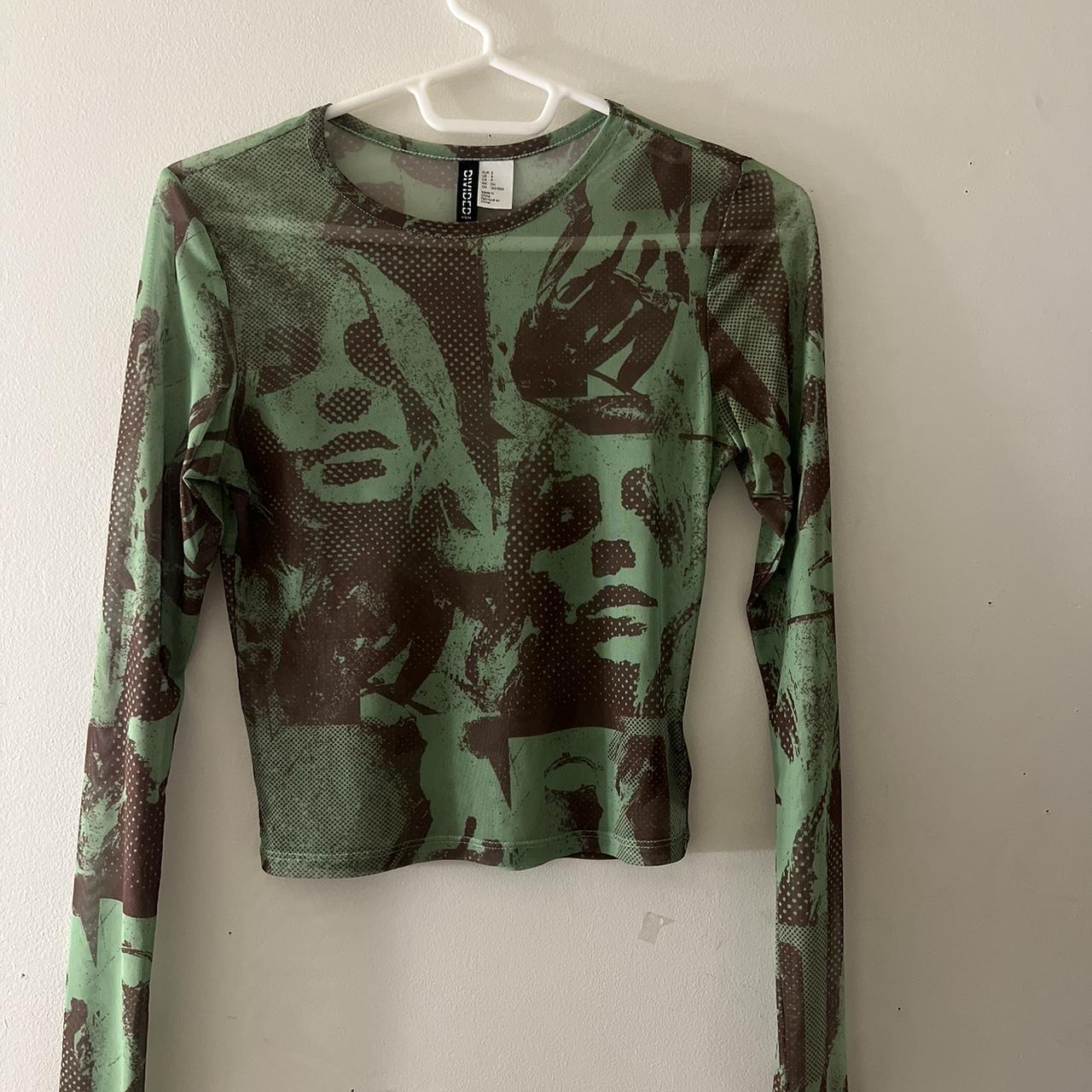 h&m mesh green and brown printed top (size... - Depop