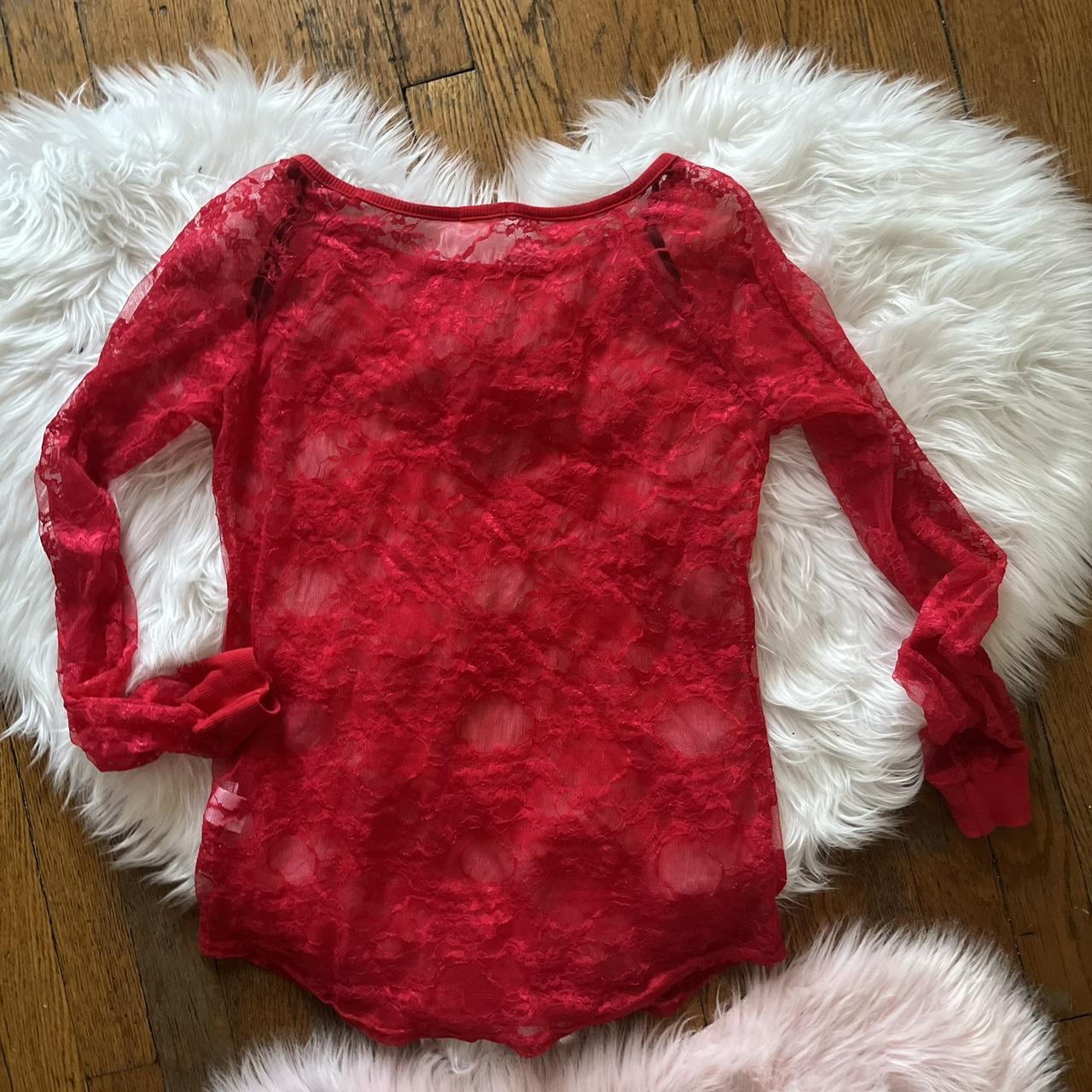 Sheer red lace long sleeve top with a wide neckline... - Depop
