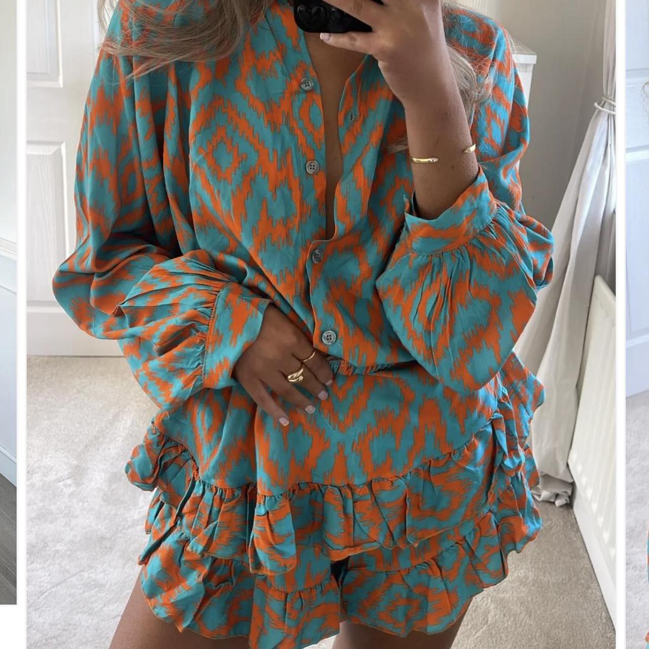 Ruffle co ord shorts set, orange and blue. Worn... - Depop