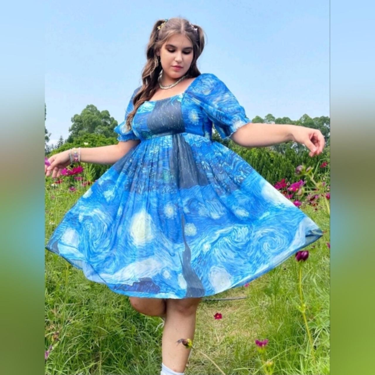 Shein Starry Night Puff Sleeve Dress Selkie 22 24 26... - Depop