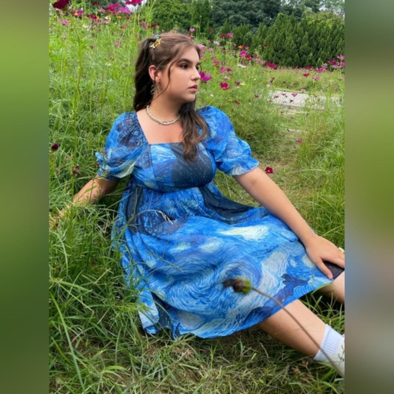 Shein Starry Night Puff Sleeve Dress Selkie 22 24 26... - Depop