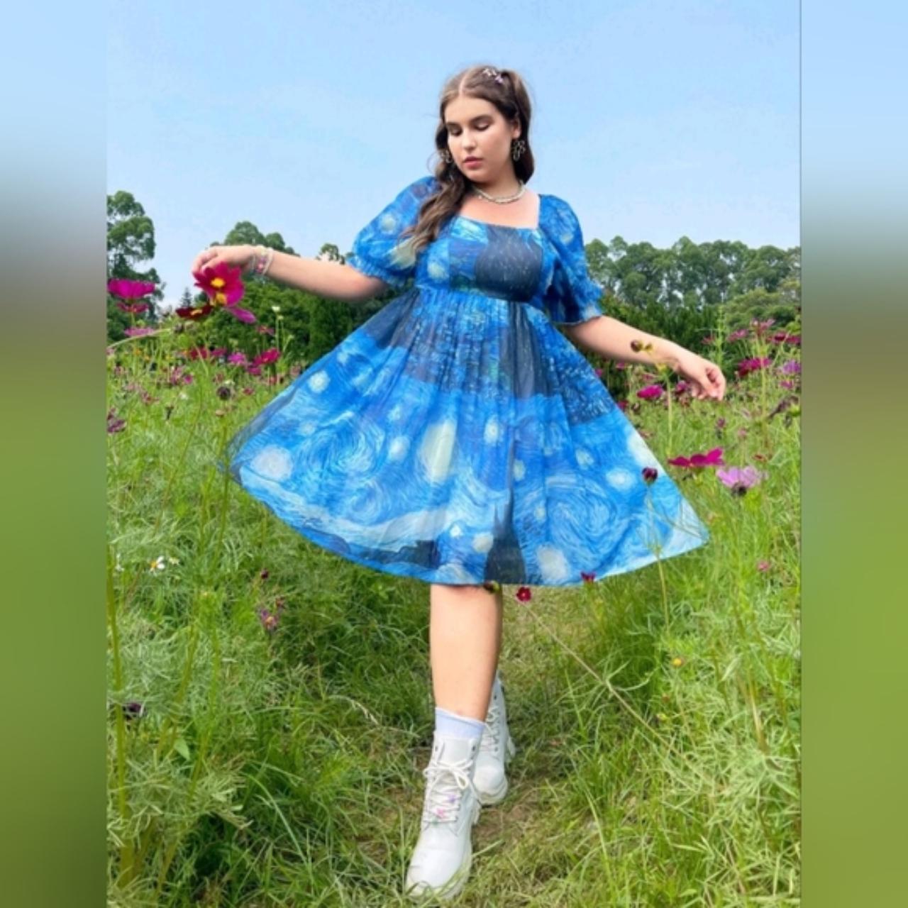 Shein Starry Night Puff Sleeve Dress Selkie 22 24 26... - Depop