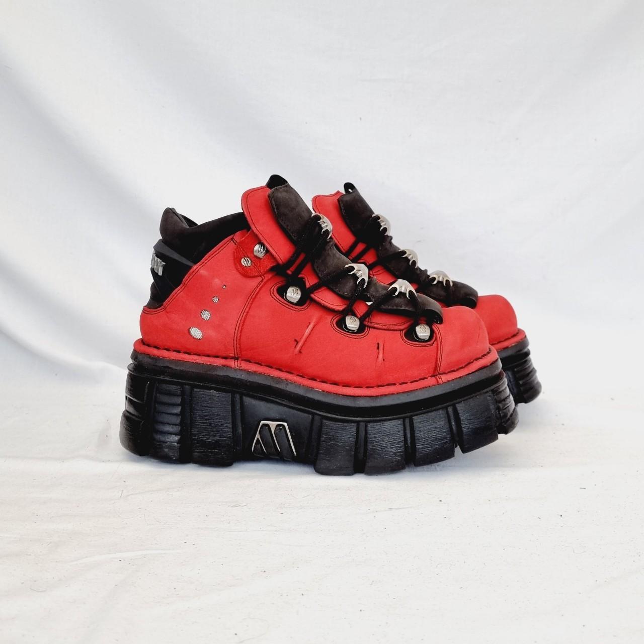 Black and red leather and metal buckled New Rock... - Depop