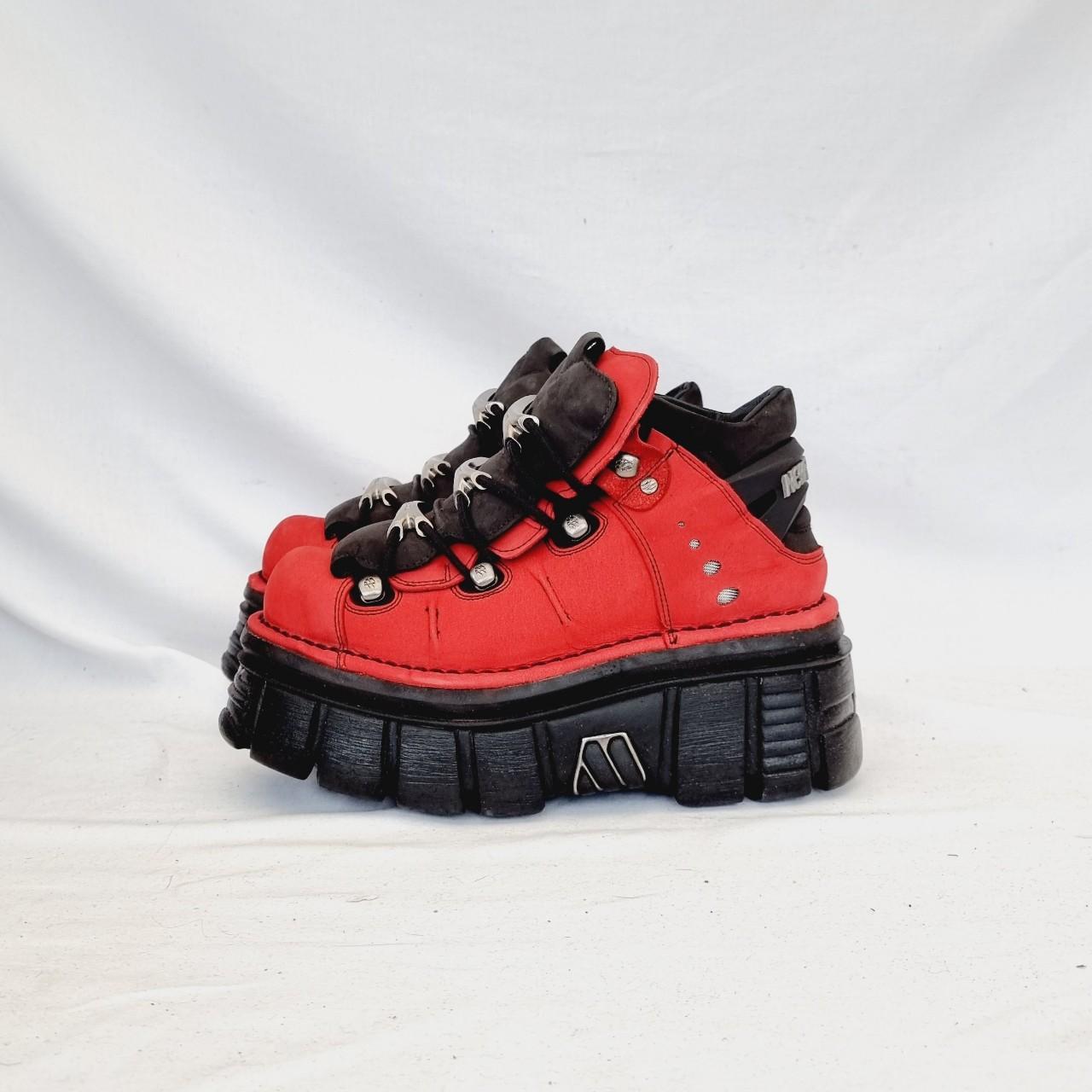 Black and red leather and metal buckled New Rock... - Depop