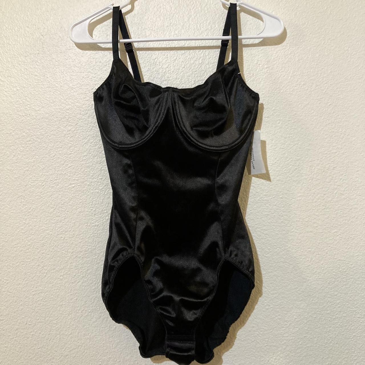 Black satin shapewear bodysuit with underwire and... - Depop