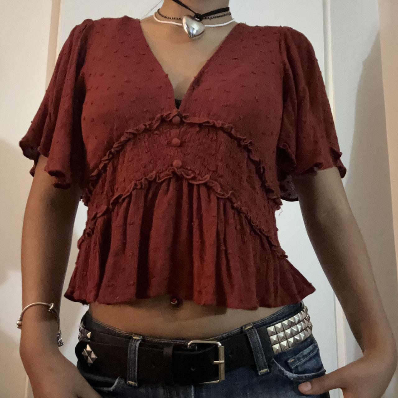 dark red/burgundy blouse - lower v neck #boho... - Depop