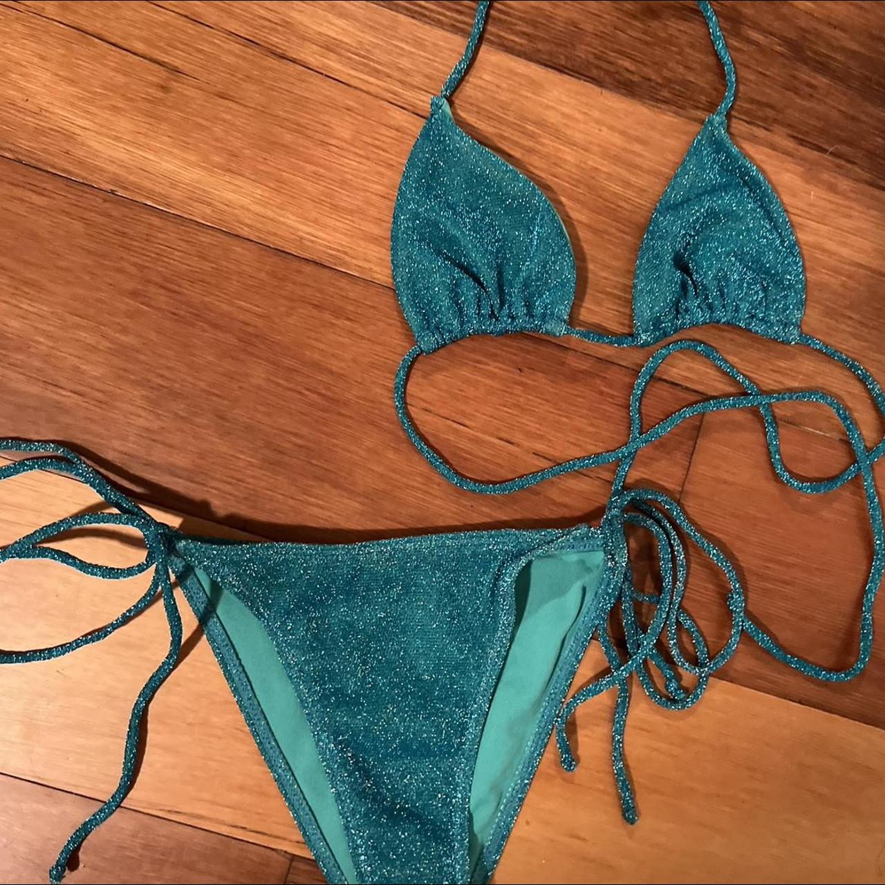 Blue turquoise glitter adjustable triangle bikini... - Depop