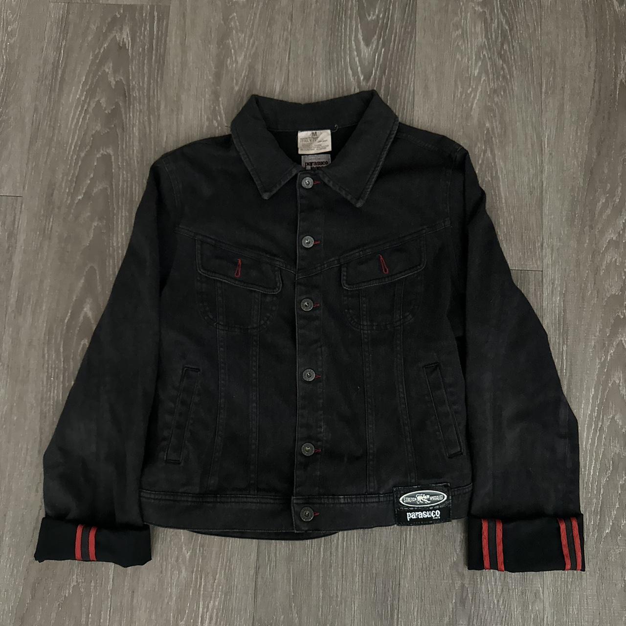 worn black parasuco denim jacket with red stitching... - Depop