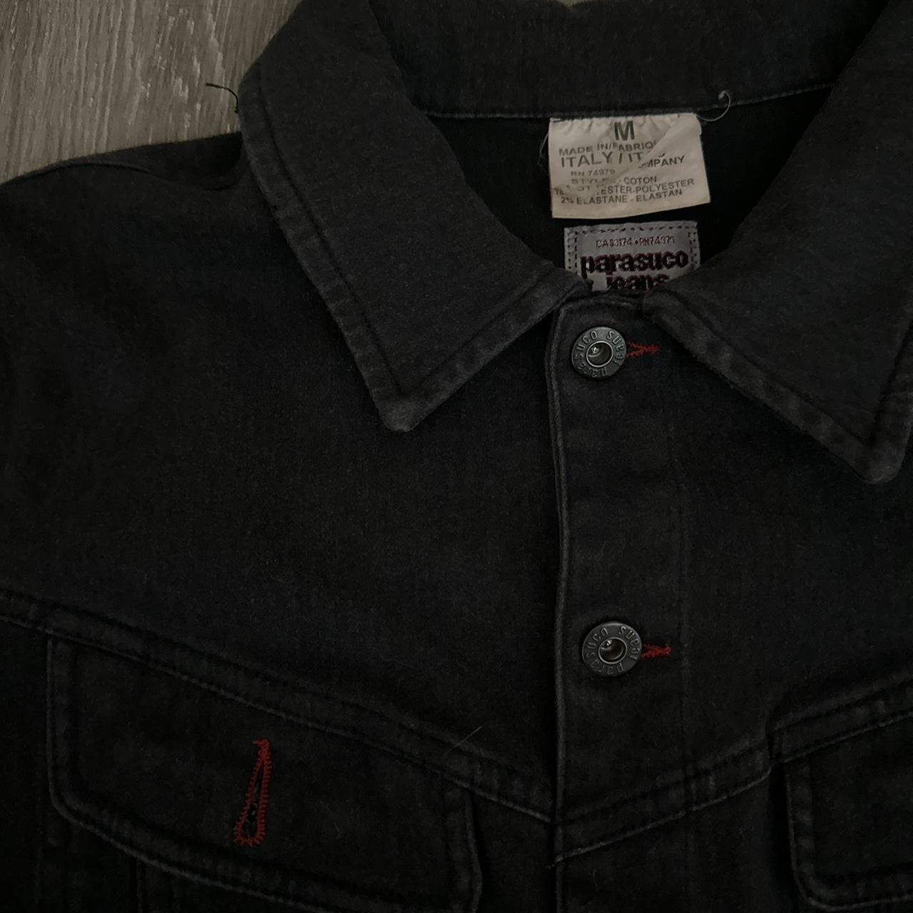 worn black parasuco denim jacket with red stitching... - Depop