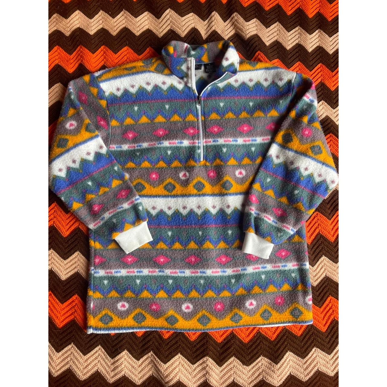 Vintage 80s Aztec Neon Quarter Zip Fleece... | Depop