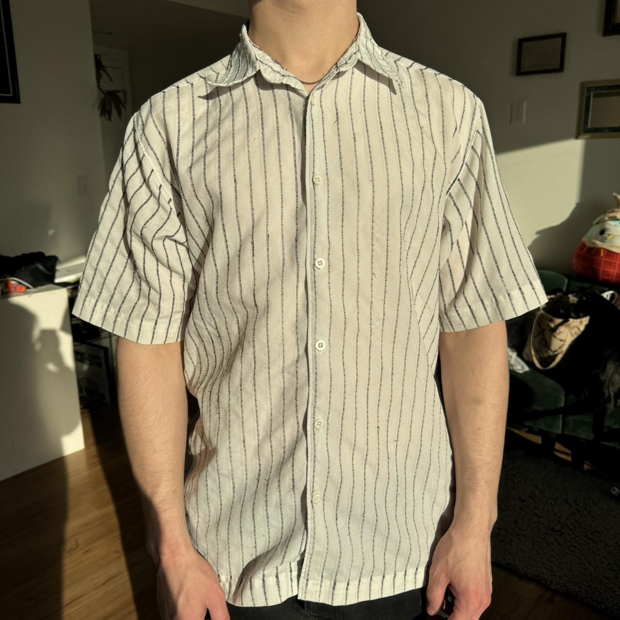 White pin striped button up short sleeve shirt by... - Depop