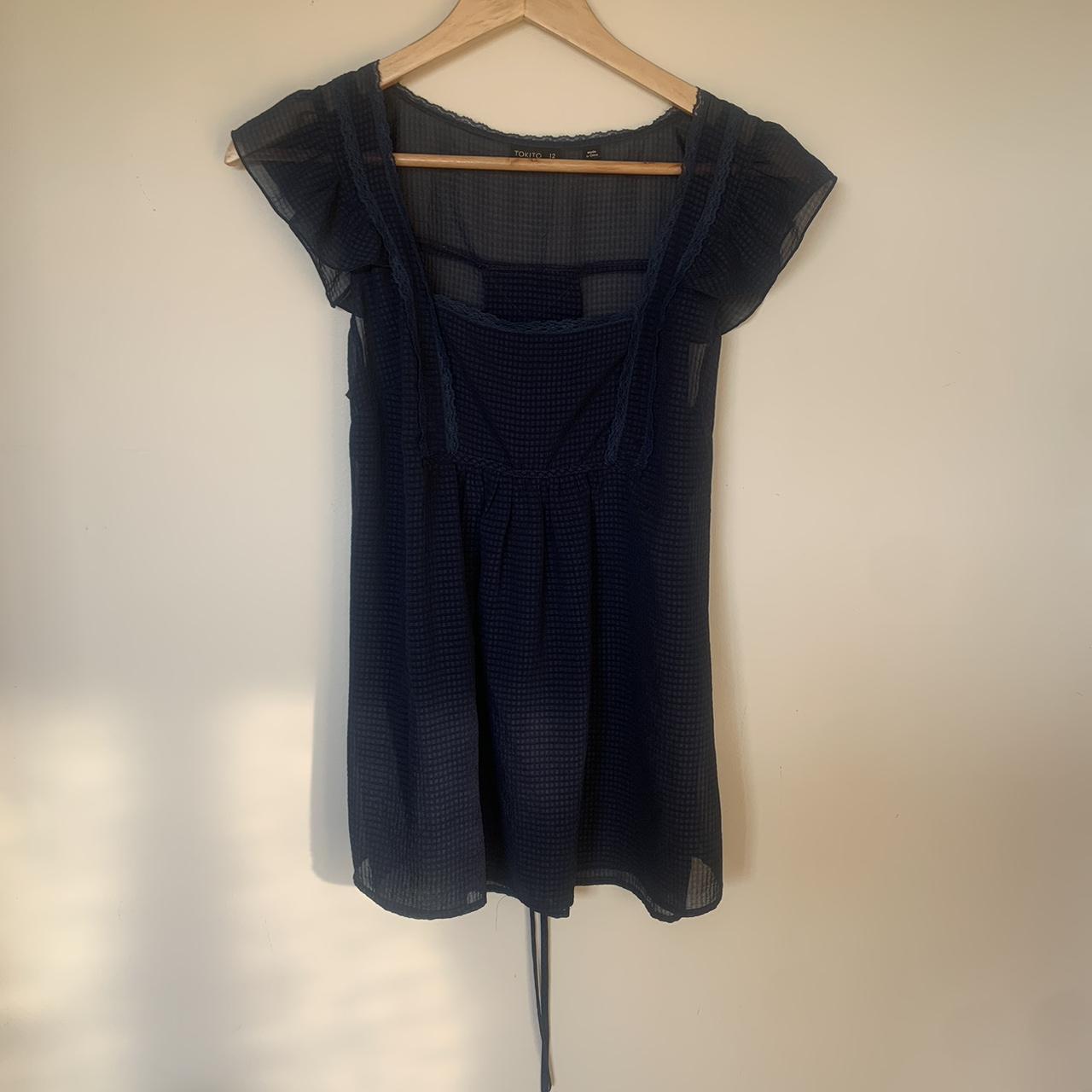 Sheer navy blue Tokito top with beautiful check,... - Depop