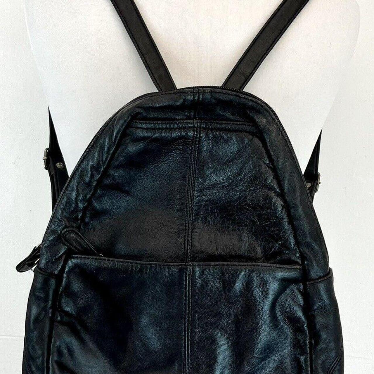 Vintage 1980s Black Leather Patchwork Style Backpack... - Depop