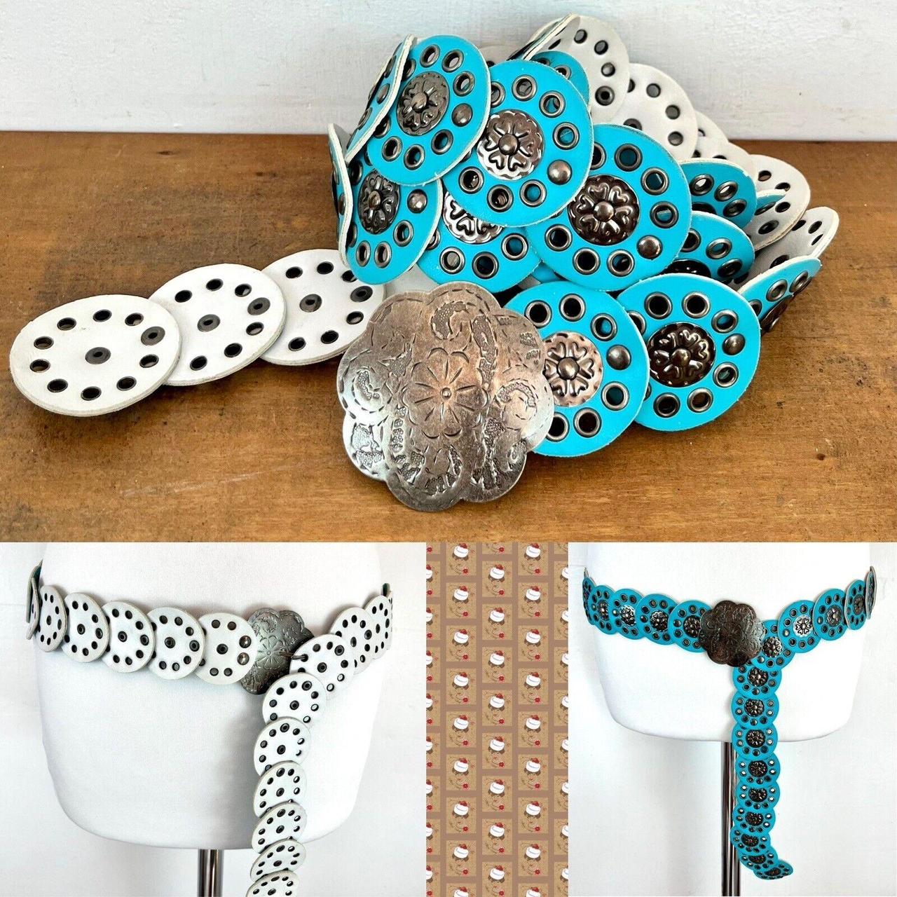 Vintage Y2K Leather Disc Circle Belt Blue White Boho... - Depop