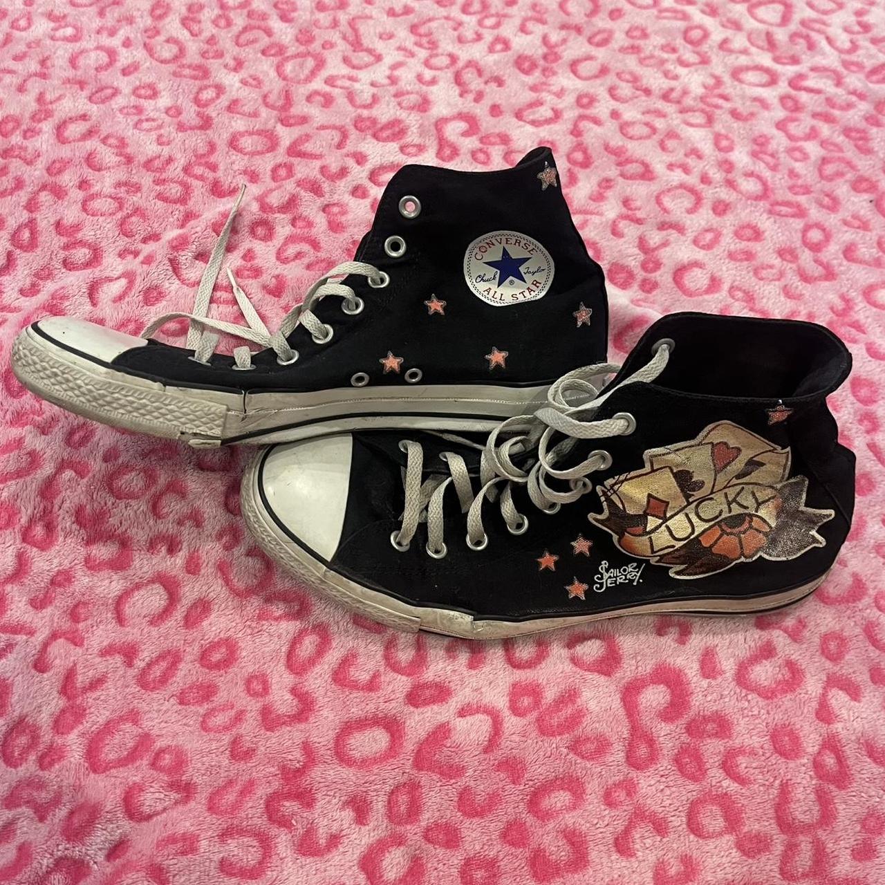 Y2K Sailor Jerry Black Converse High Tops Men’s... | Depop