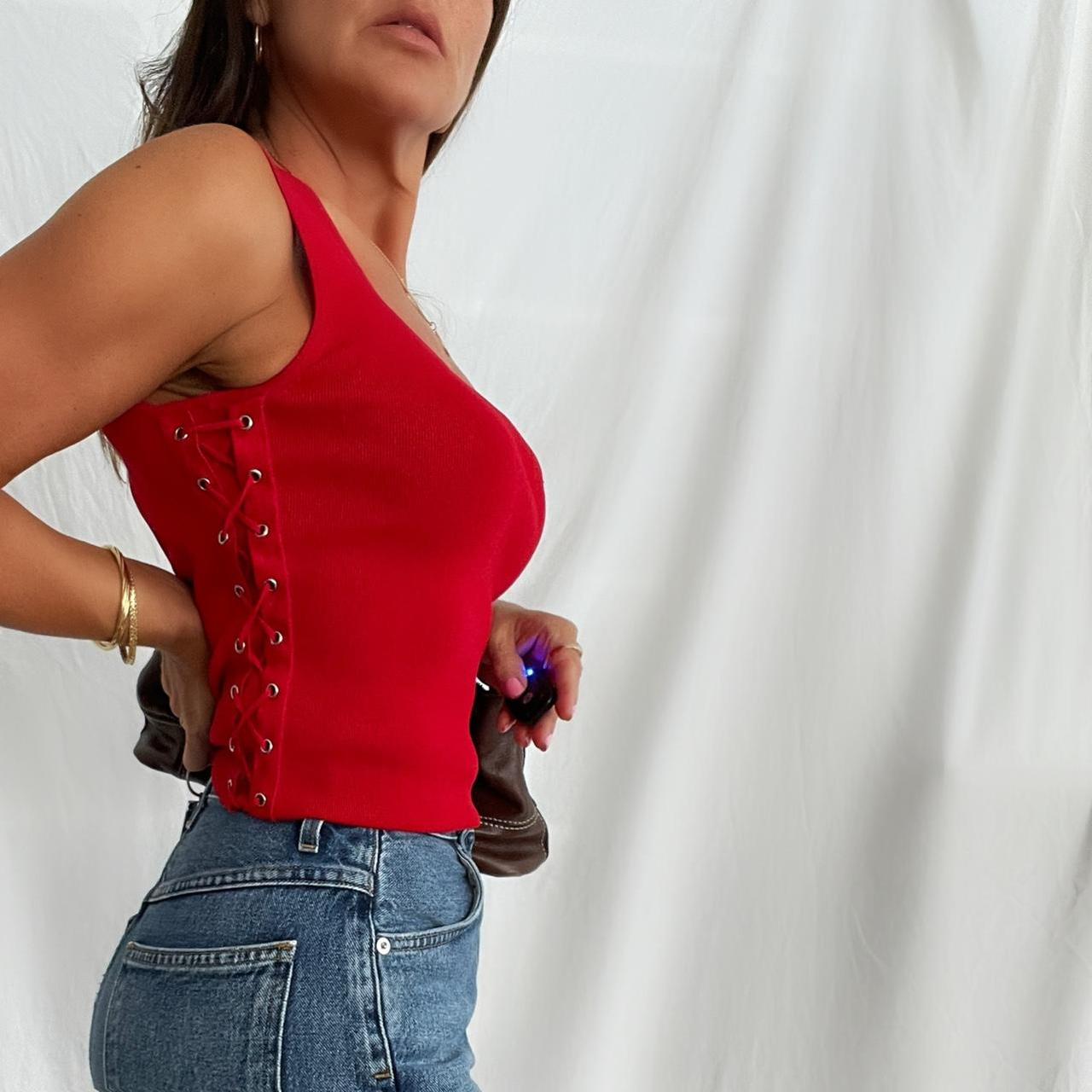 Red square neck corset lace knit tank top Vintage... - Depop