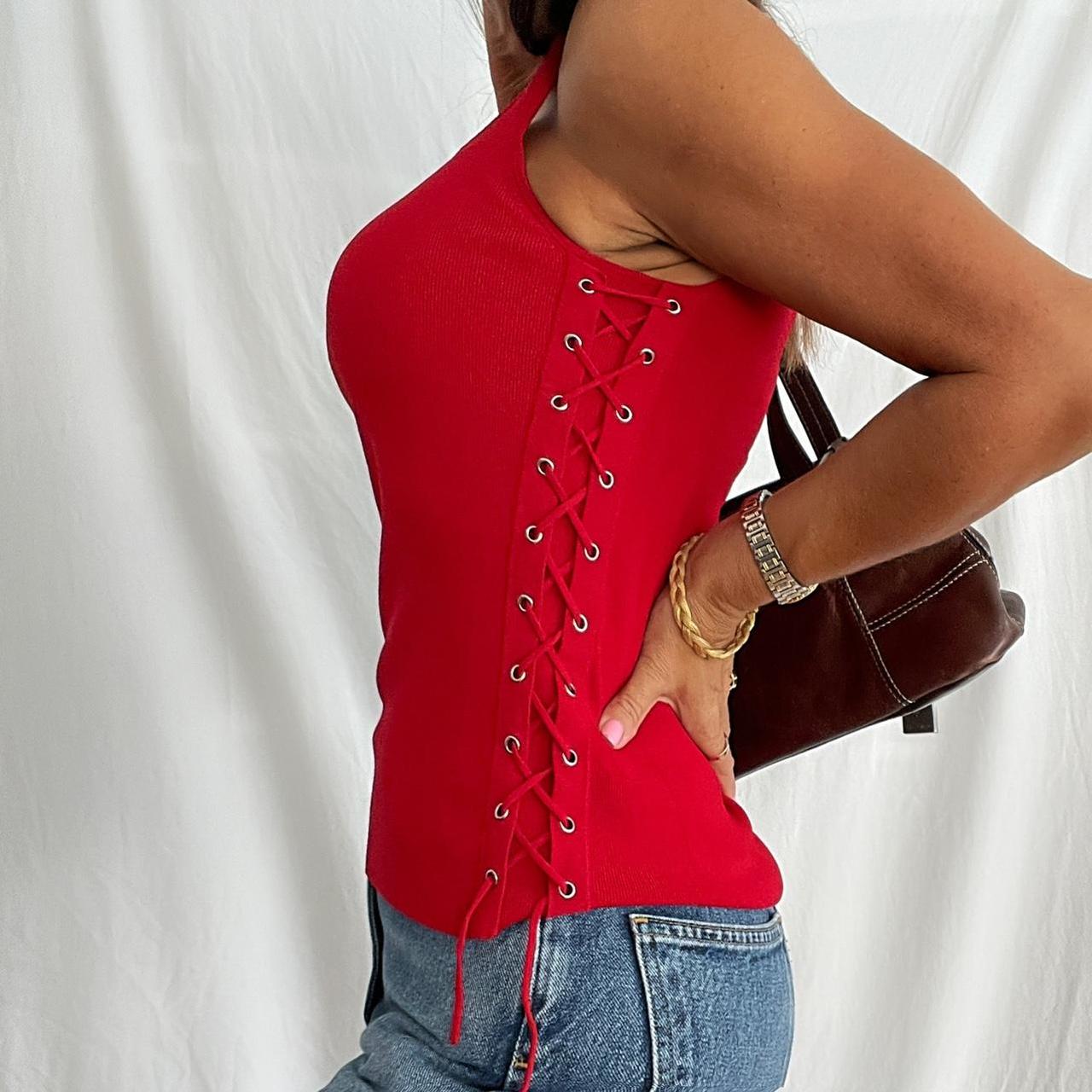 Red square neck corset lace knit tank top Vintage... - Depop