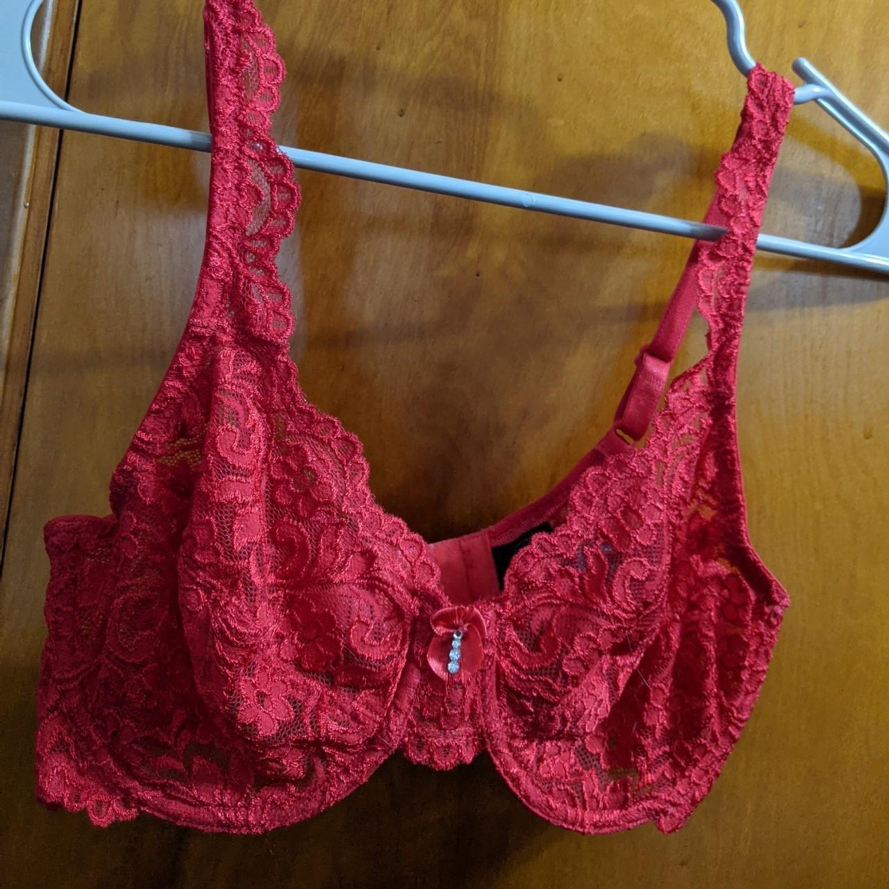 pretty red lacey sheer bra with gem accent never... - Depop