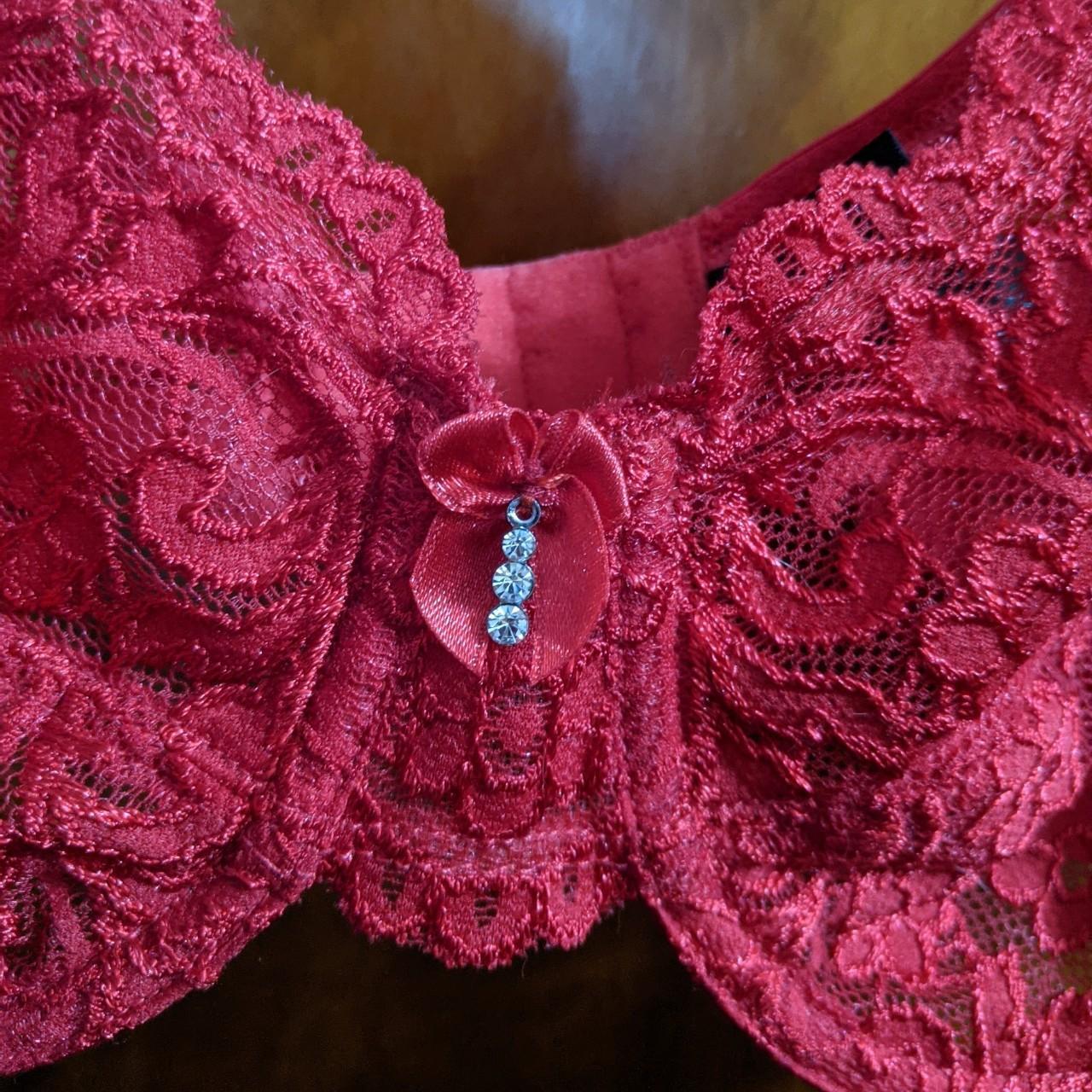 pretty red lacey sheer bra with gem accent never... - Depop