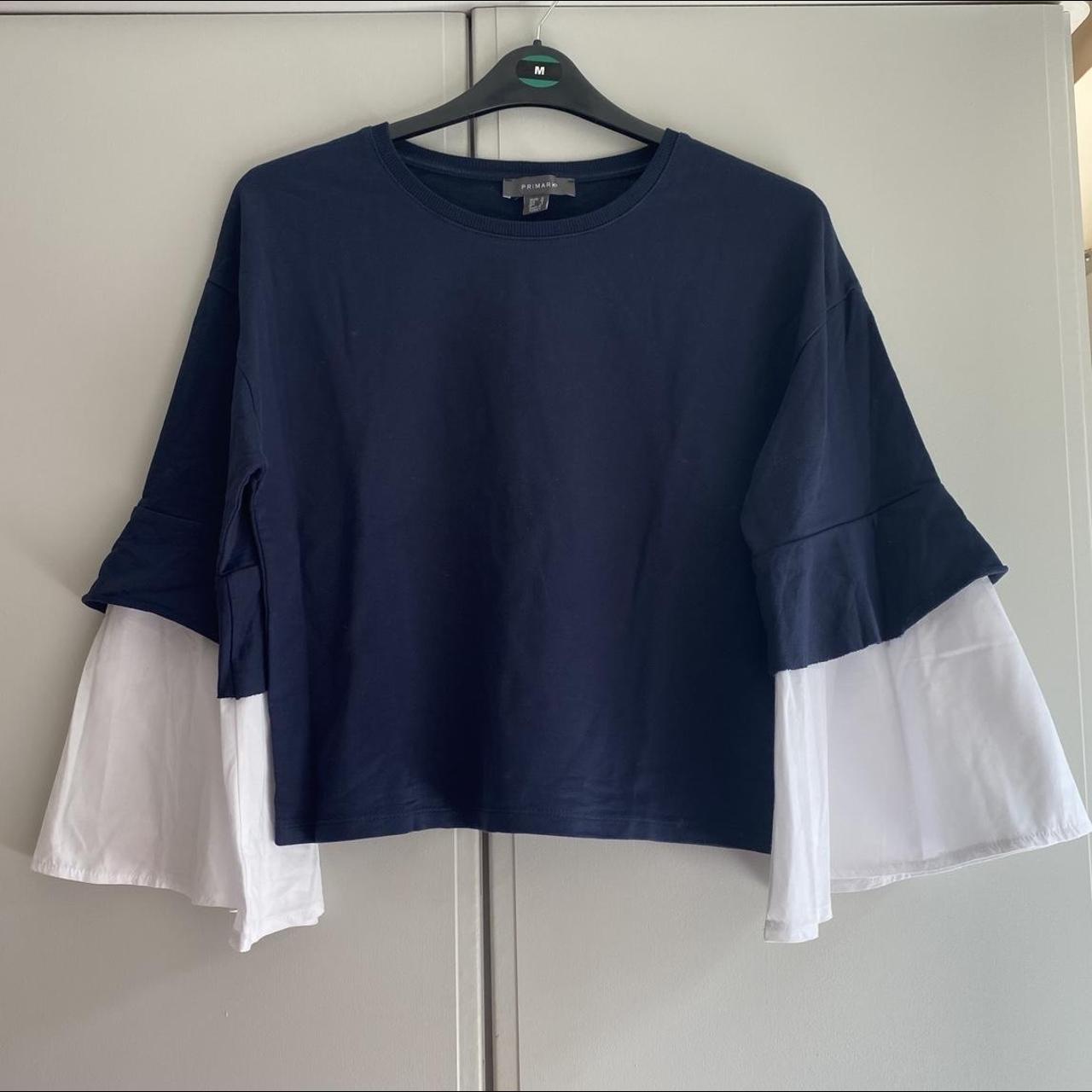 White and Navy Top - Primark Size UK 12 -... - Depop